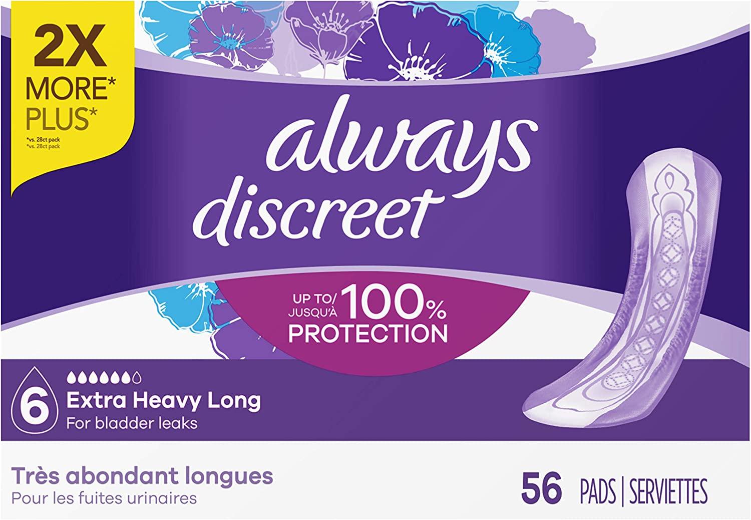 Always Discreet Extra Heavy Long Incontinence Pads 56 Count - Ultimate ...