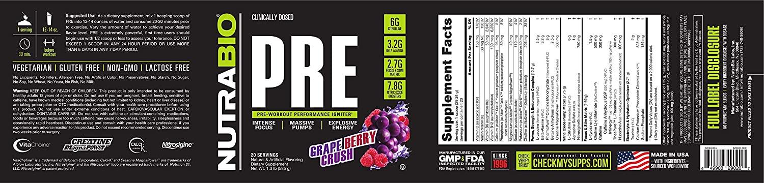 NutraBio PRE Workout Powder - Sustained Energy, Mental Focus ...