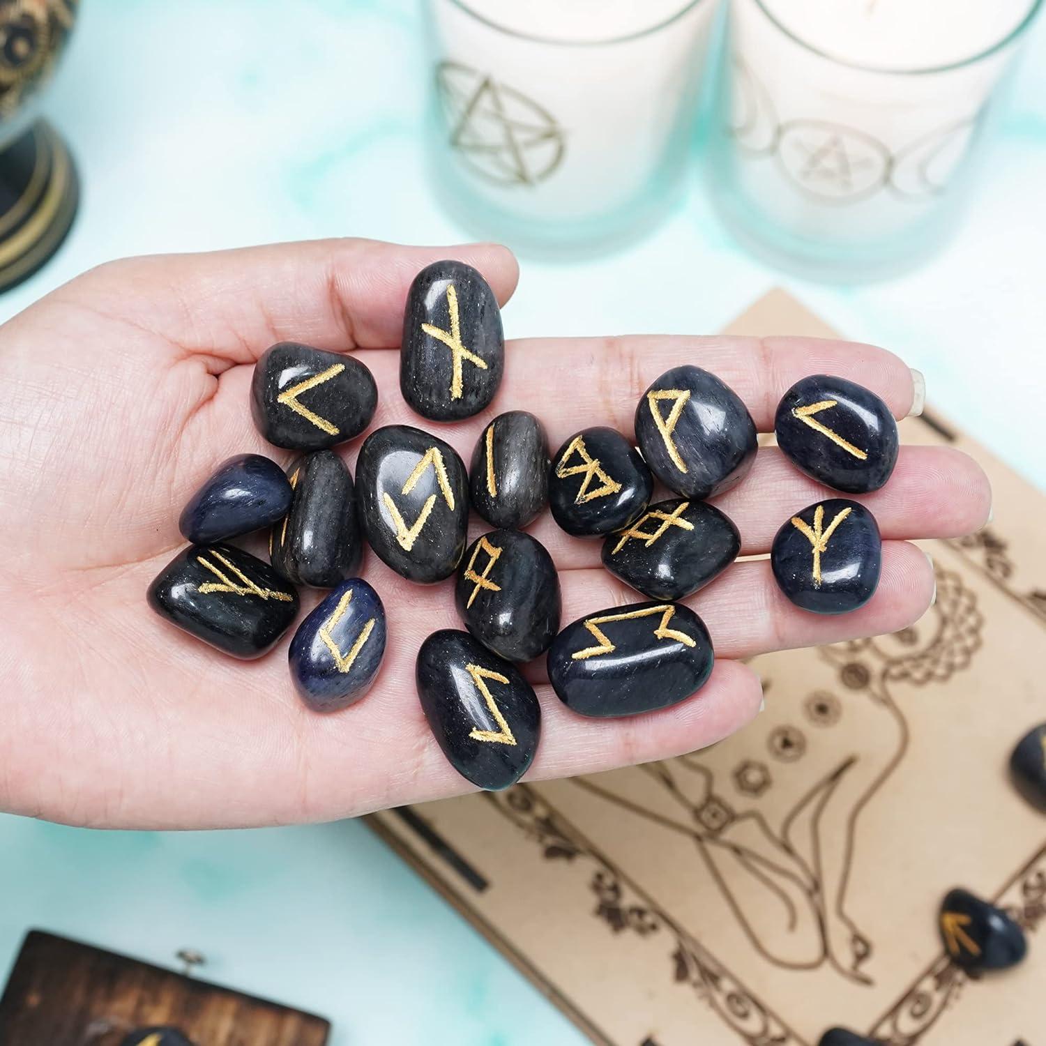 Blue Jade Elder Futhark Alphabet Engraved Gemstone Rune Set - 25 pcs ...