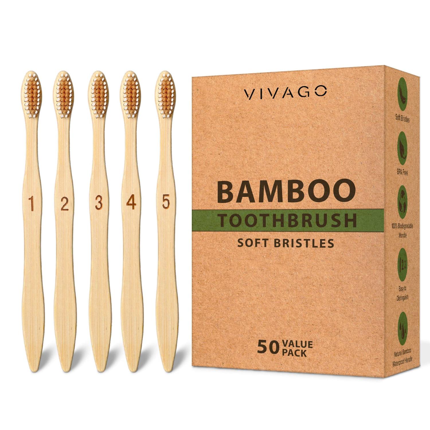 VIVAGO 50 Pack Biodegradable Bamboo Toothbrushes - Soft Bristles ...