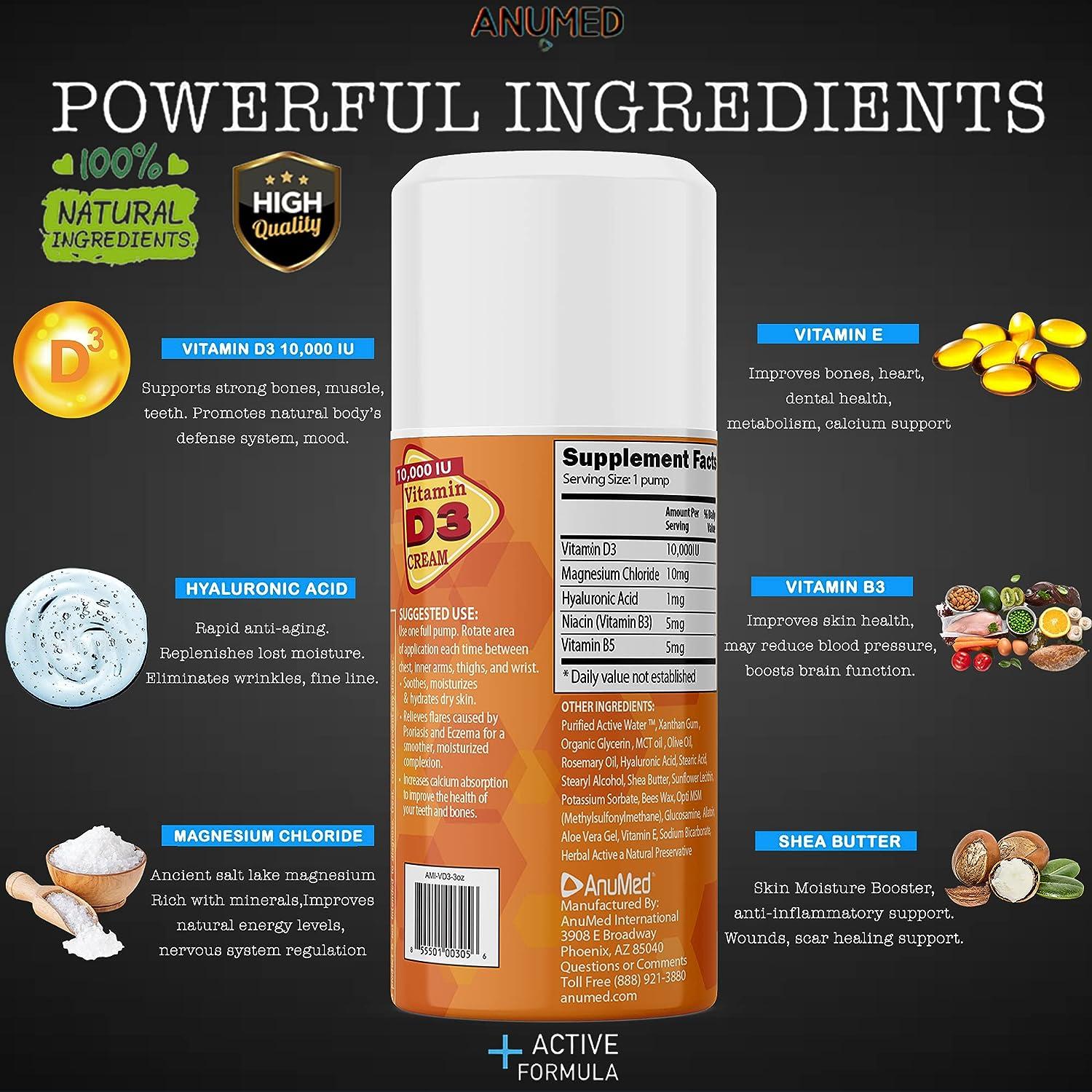 AnuMed Vitamin D3 10,000 IU Cream with Magnesium, Hyaluronic Acid, and ...