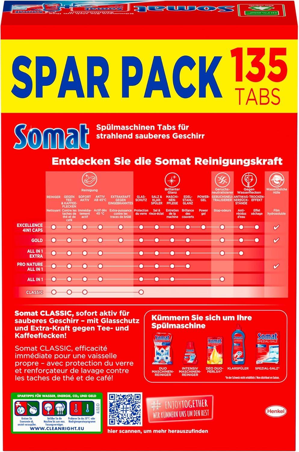 Somat Classic Dishwasher Tabs (135 Tabs) - Powerful Dishwashing ...