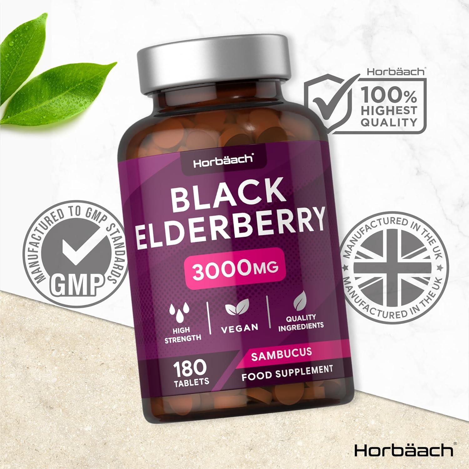 High Strength 3000mg Elderberry Supplement | 180 Vegan Tablets by ...