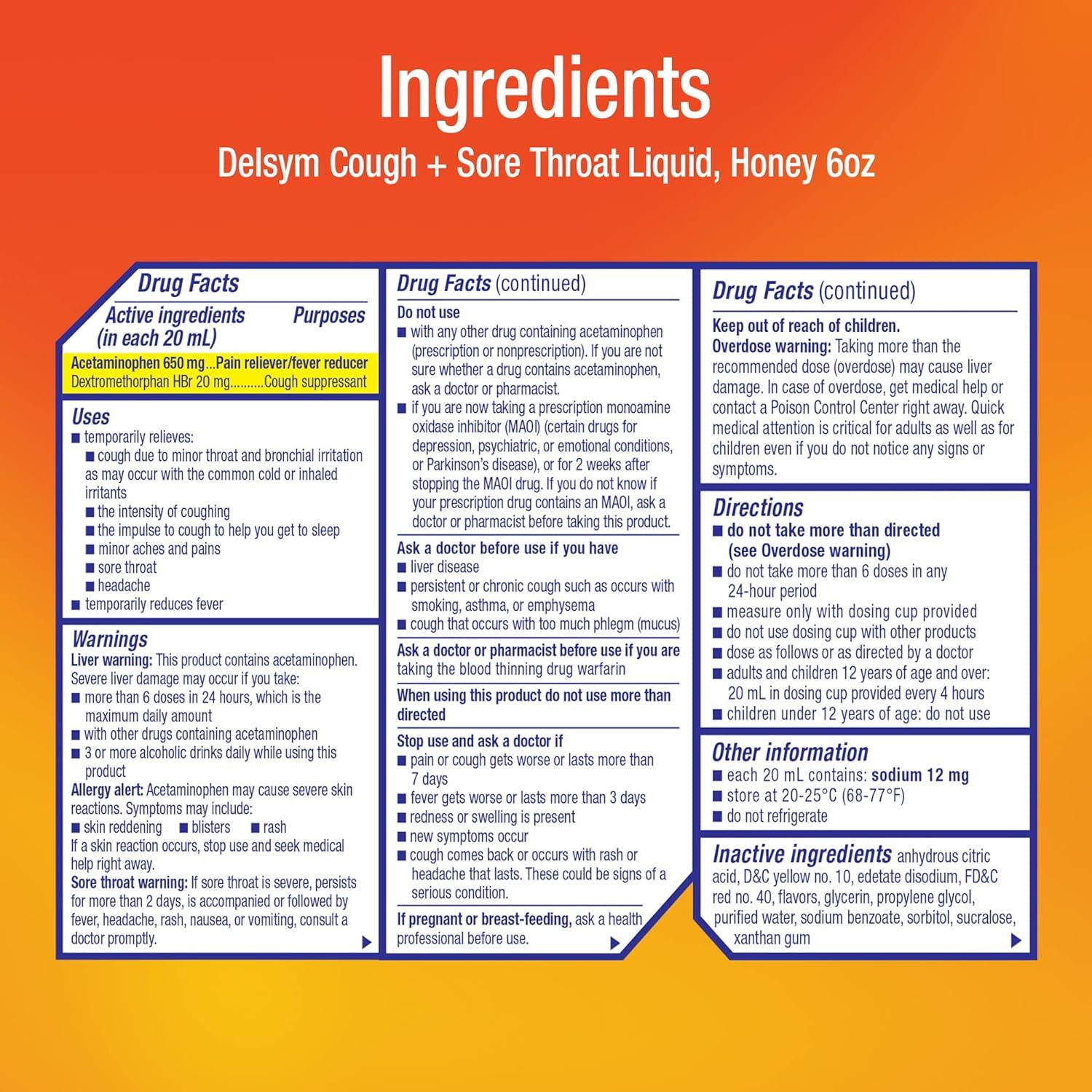 Delsym Adult Liquid Cough Plus Sore Throat Honey 6 Fl Oz