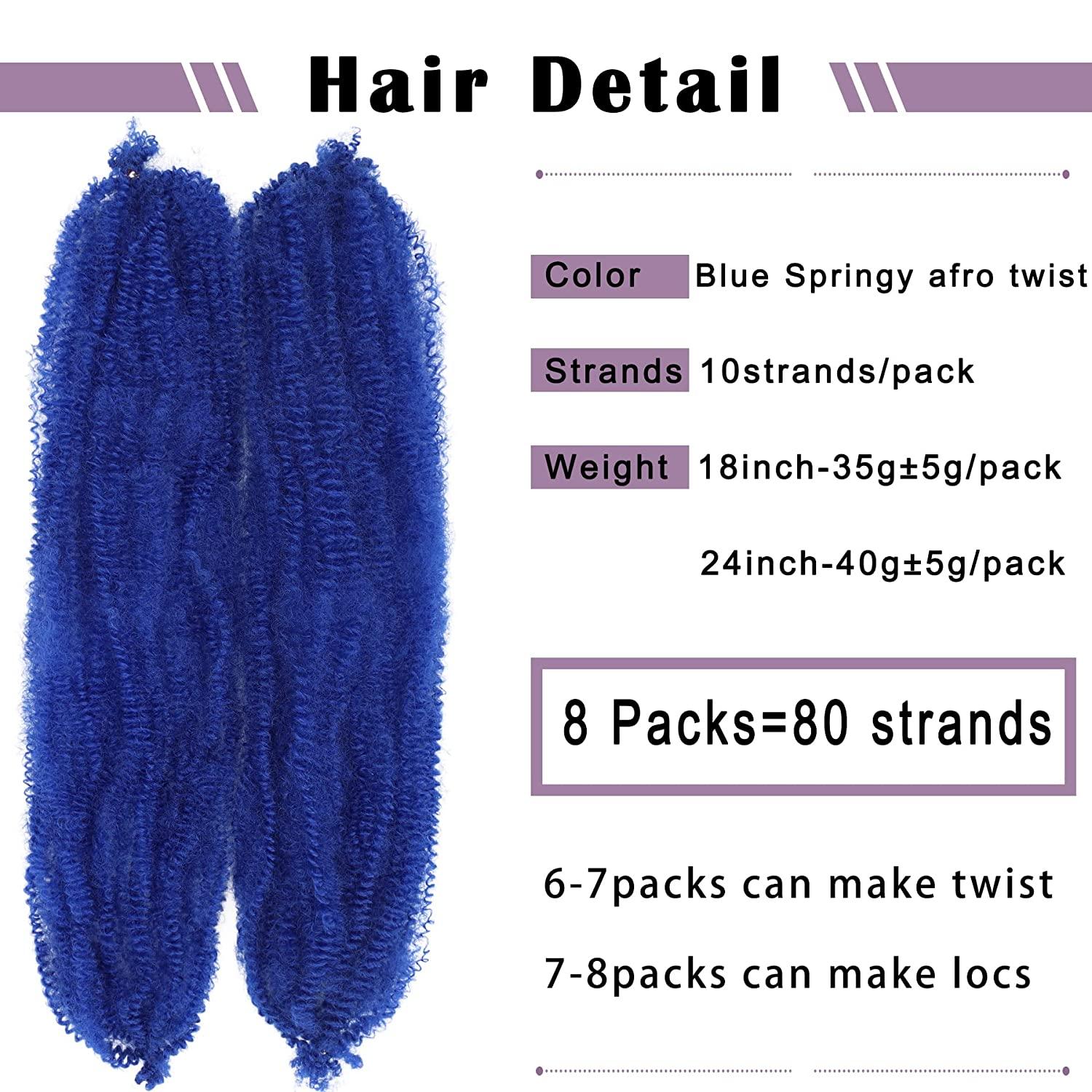 24 Inch Blue Springy Afro Twist Hair 8 Packs for Marley Twist Braiding ...