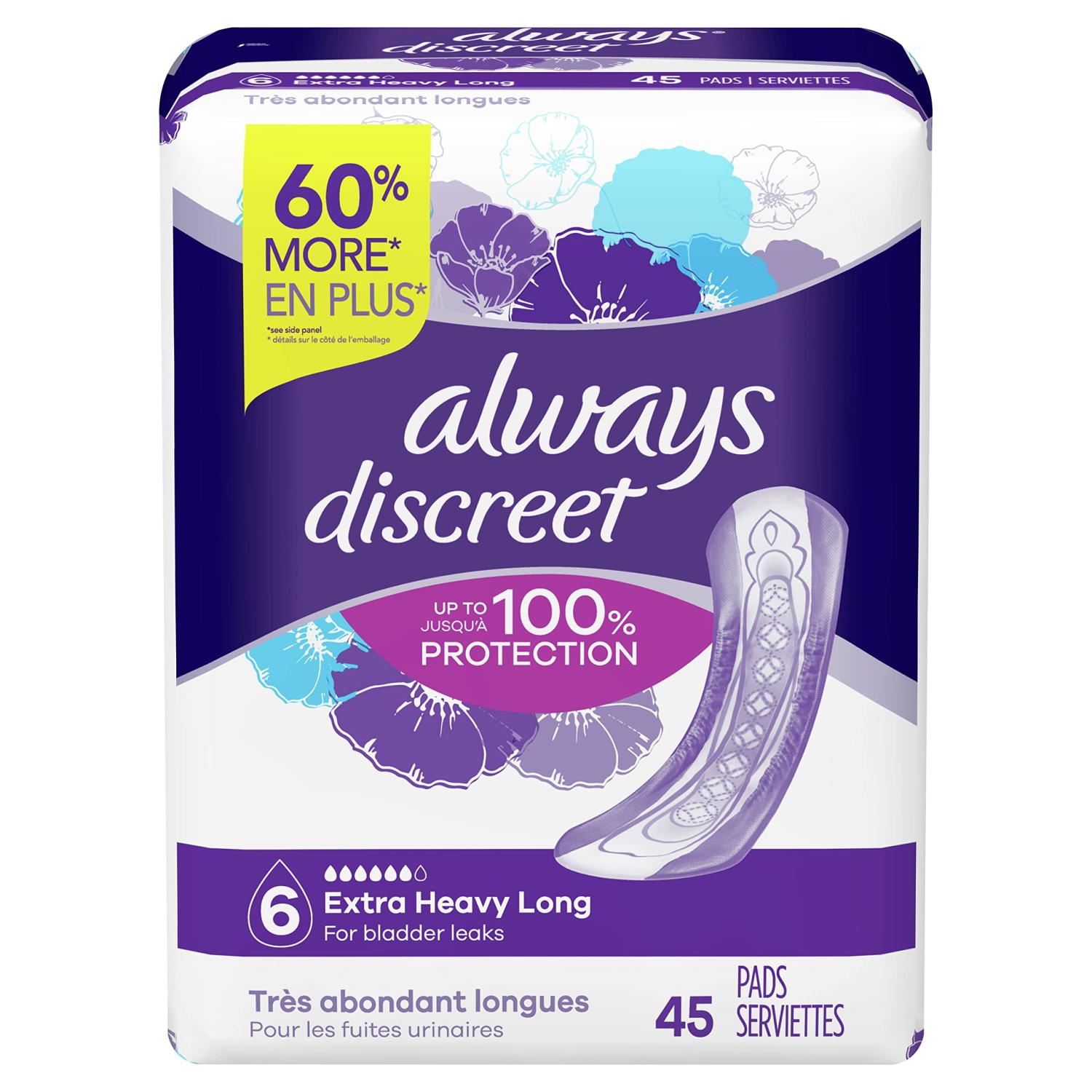 Always Discreet Extra Heavy Long Incontinence Pads 90 Count - 100% Leak ...