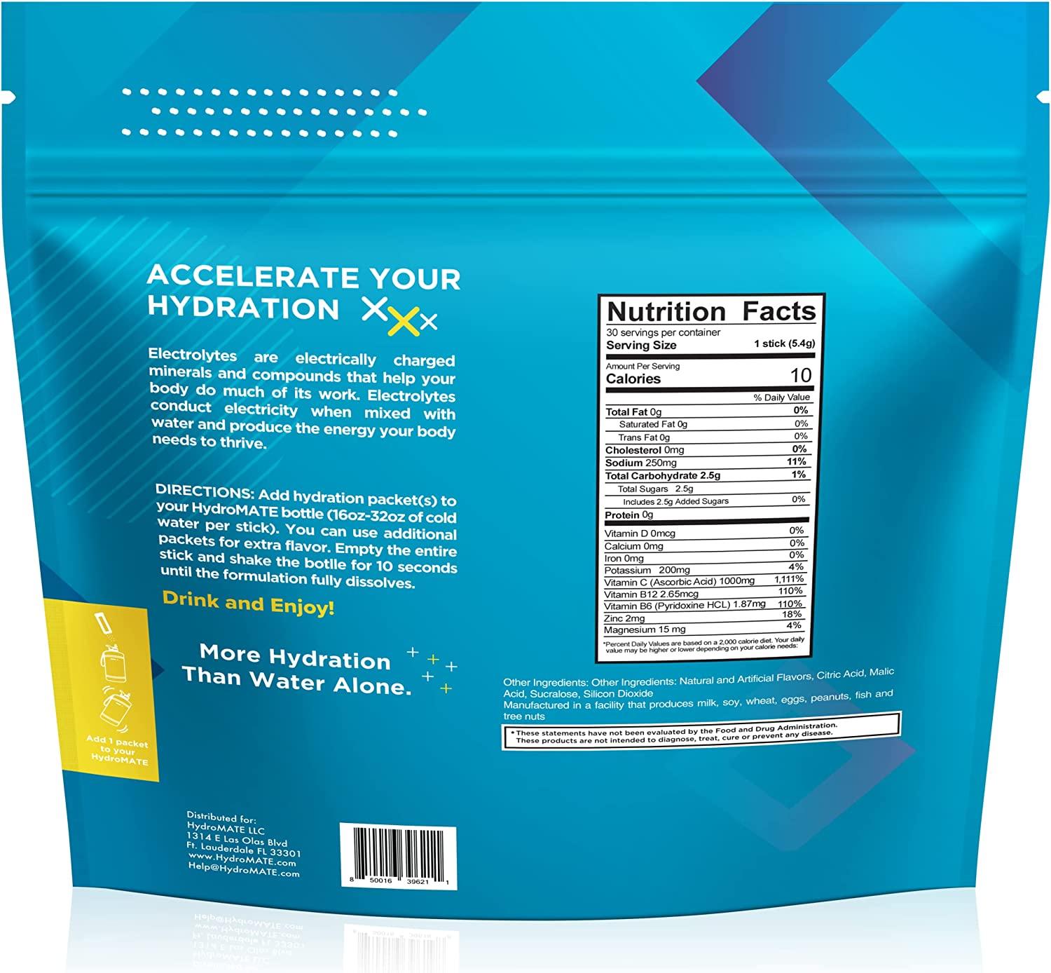 HydroMATE Electrolytes Powder Drink Mix - 30 Sticks, Low Sugar ...