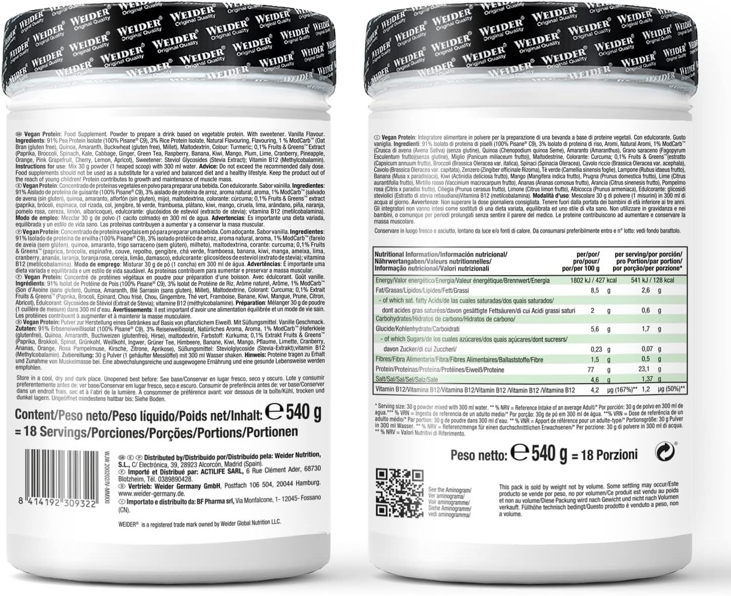 Weider Vegan Protein Powder (540g) - Plant-Based 23g Protein/Serving ...