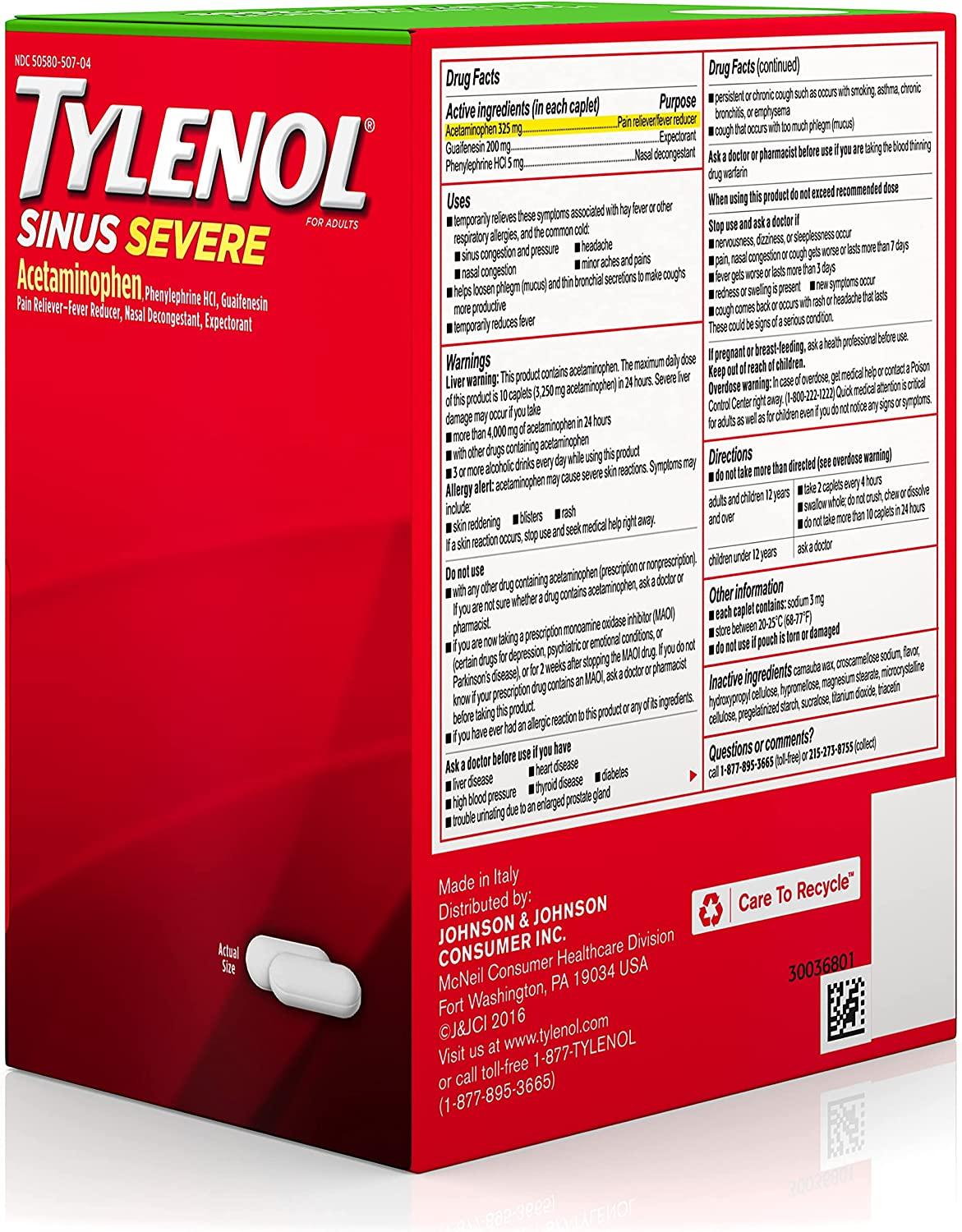 Tylenol Sinus Severe Daytime Caplets - 50 Travel Packs, 100 ct - Pain ...