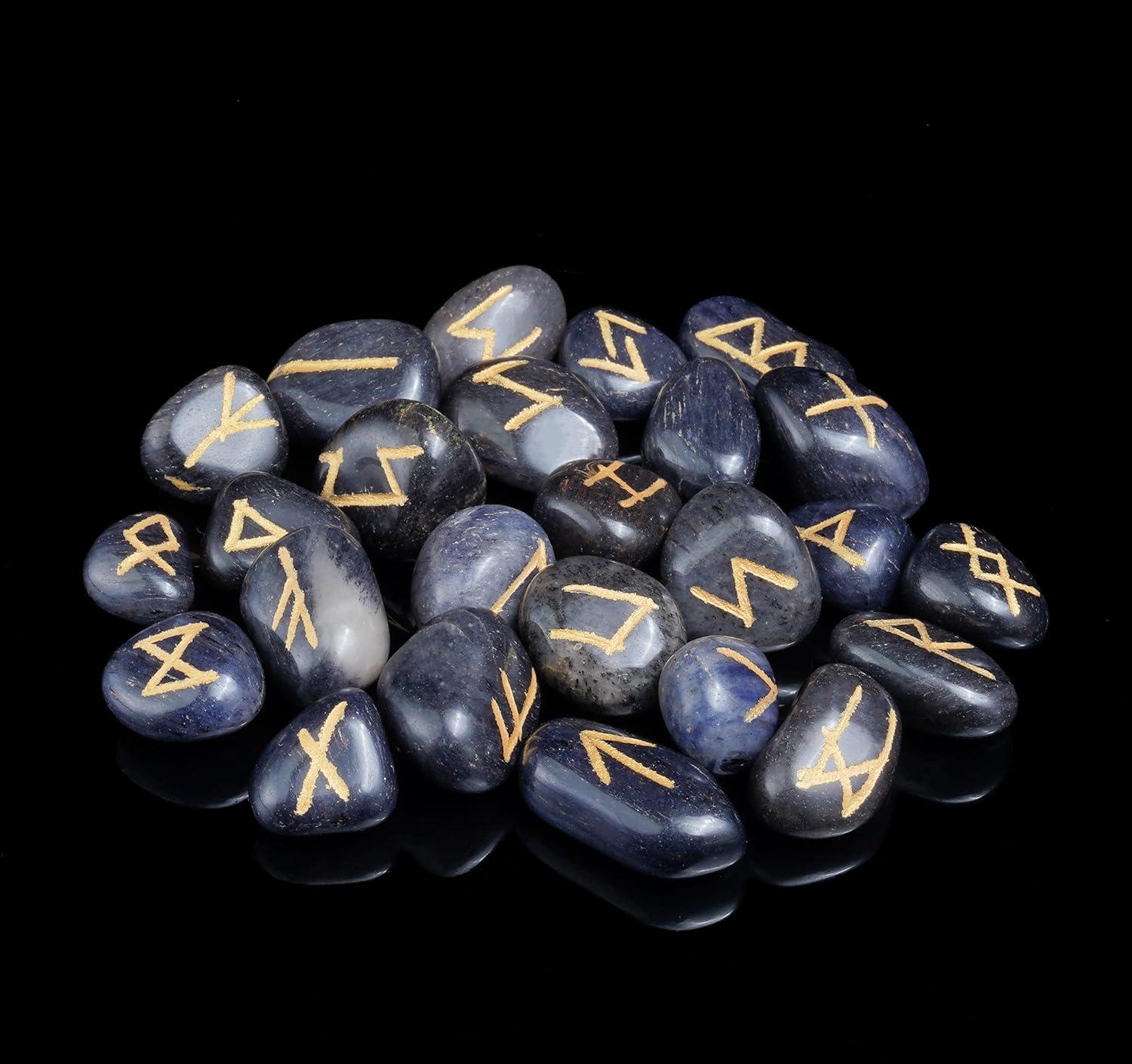 Blue Jade Elder Futhark Alphabet Engraved Gemstone Rune Set - 25 pcs ...
