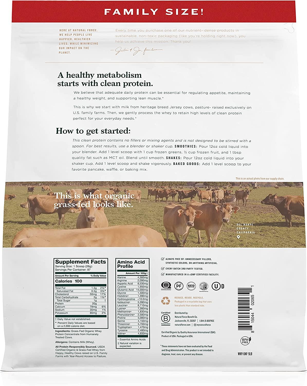 Natural Force Grass-Fed Organic Whey Protein Powder - Non-GMO, Humane ...