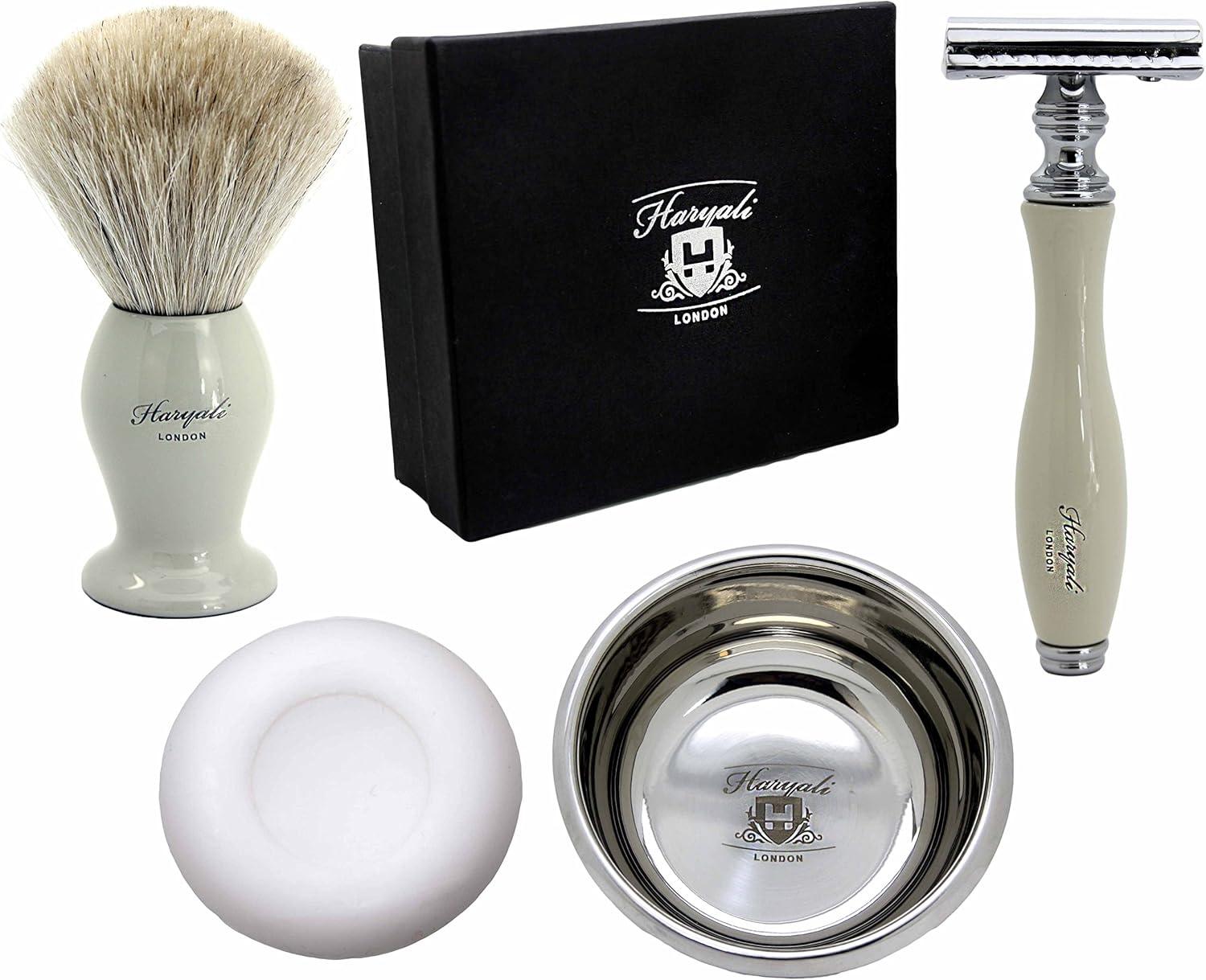 Premium Ivory White Hair Grooming Set - Shaving Brushes Razor Stainless ...