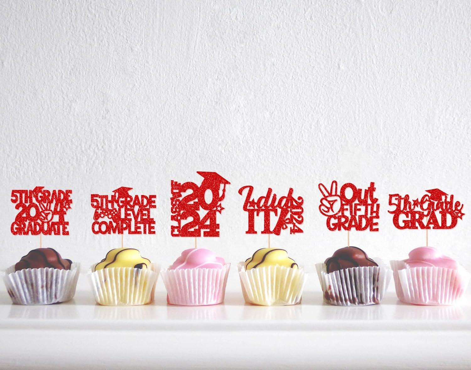 BZBAIS 32 Pieces Red Glittery 5th Grade Grad Cupcake Toppers Class of ...