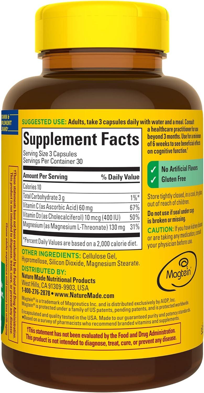 Nature Made Magnesium L-Threonate with Vitamin C & D3 | Cognitive ...