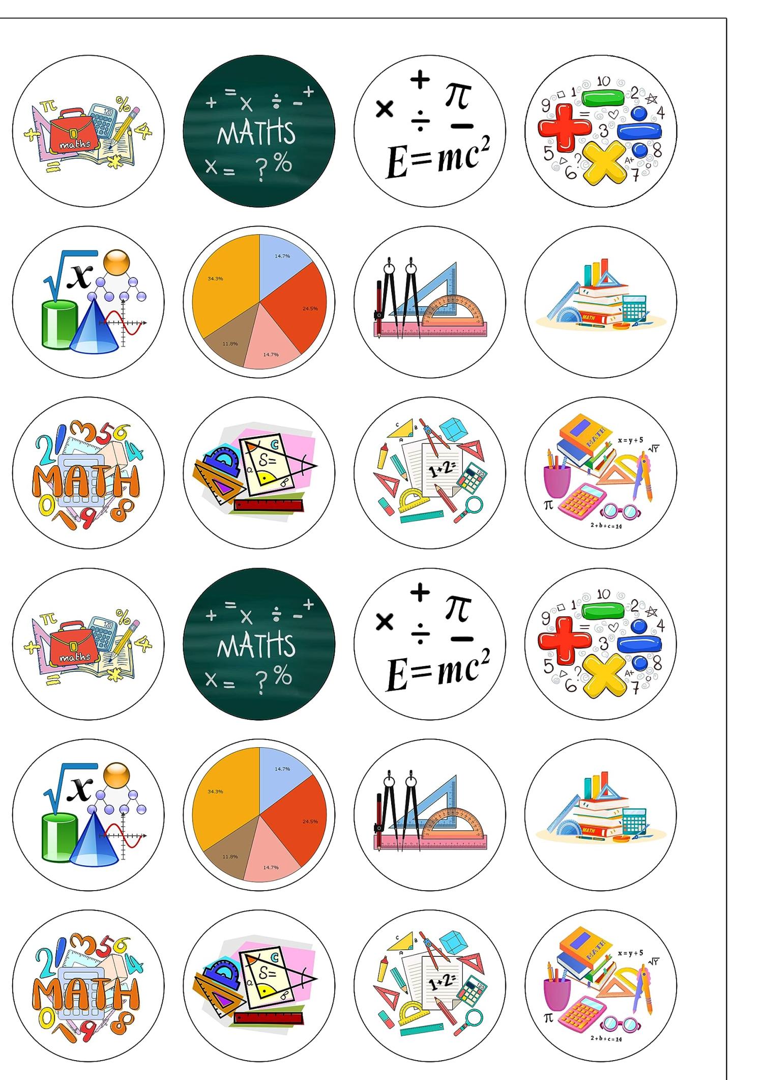 24 Pre-Cut Round Maths Mathamatics School Themed Edible Wafer paper ...