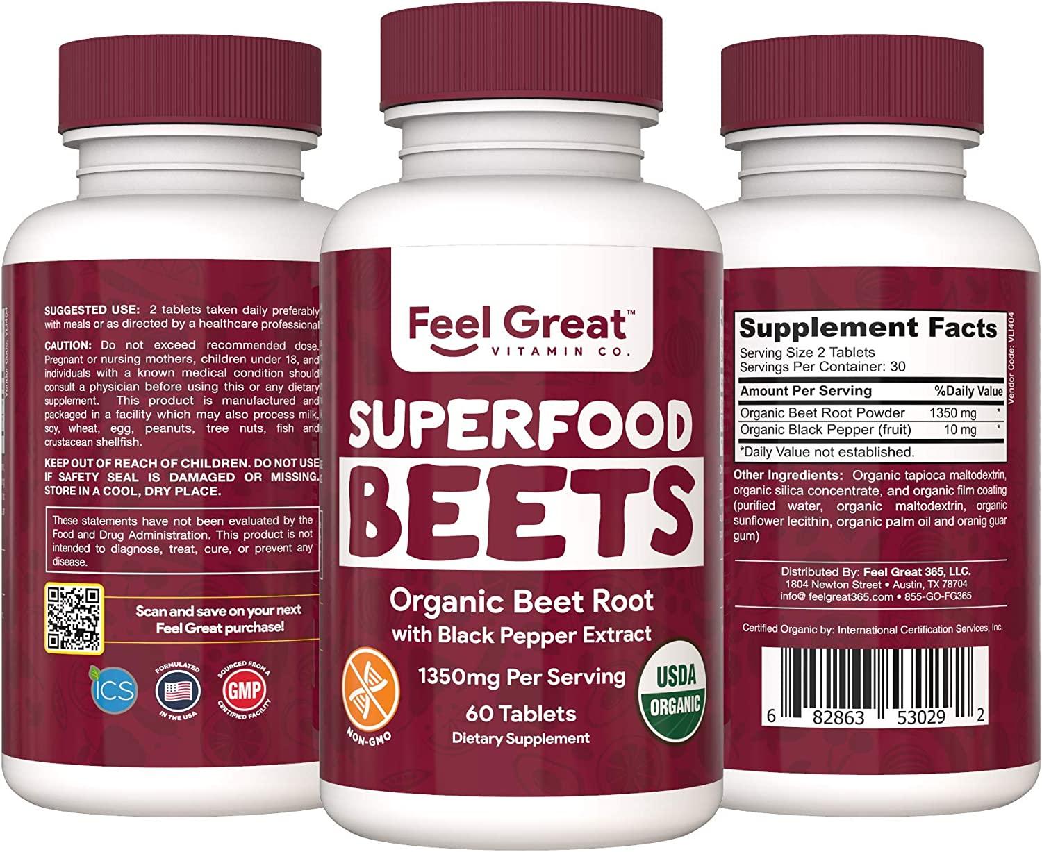 Organic Beet Root Tablets by Feel Great Vitamin Co. | Nitric Oxide ...