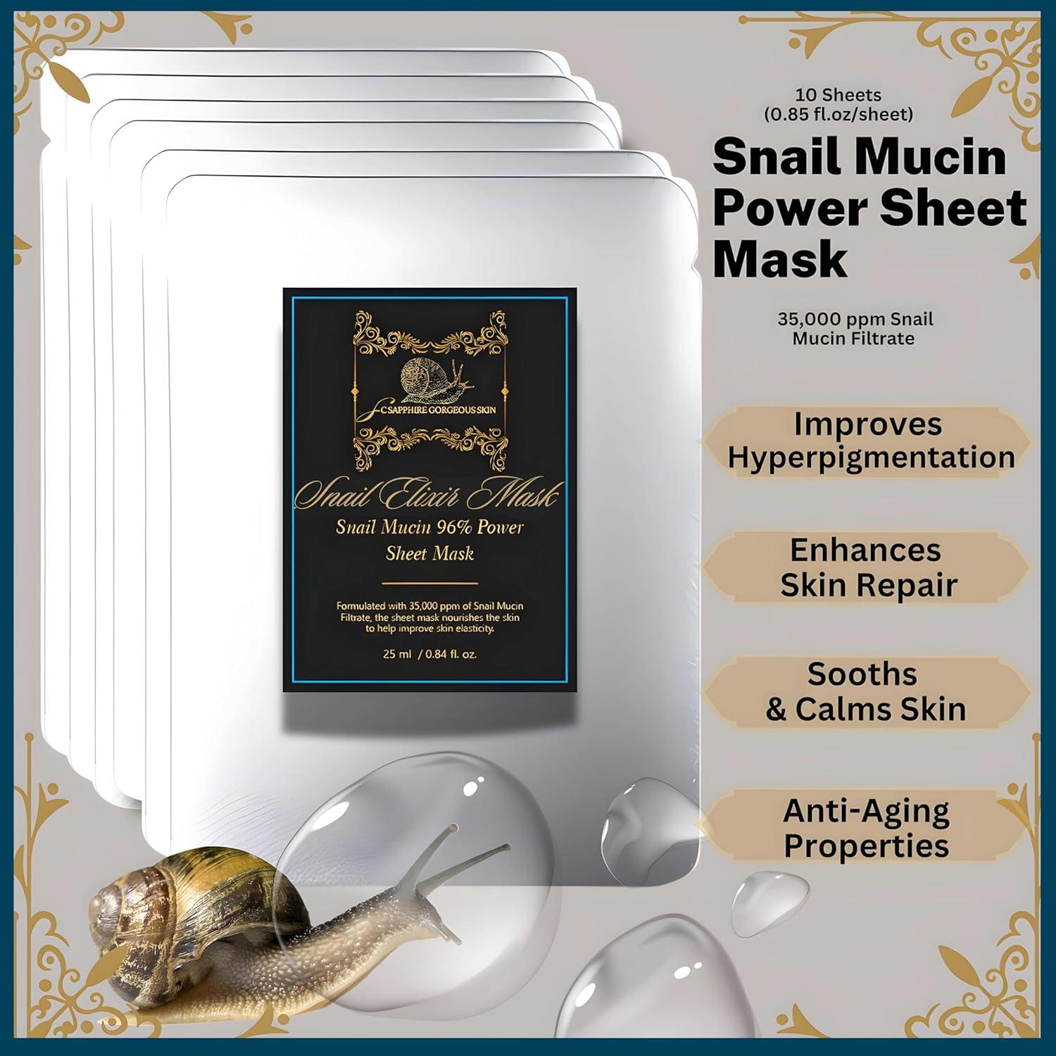 Snail Mucin Sheet Mask | 96% Snail Essence Serum for Skin Repair ...