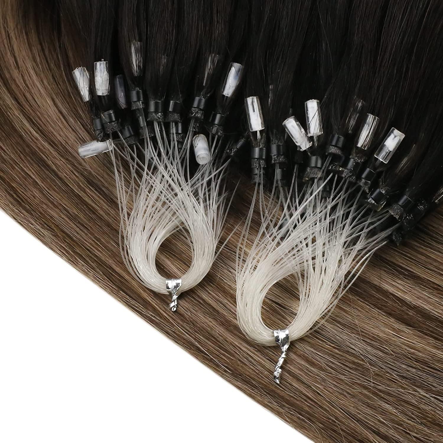 Sunny Micro Ring Human Hair Extensions - Balayage Ombre Black to Ash ...