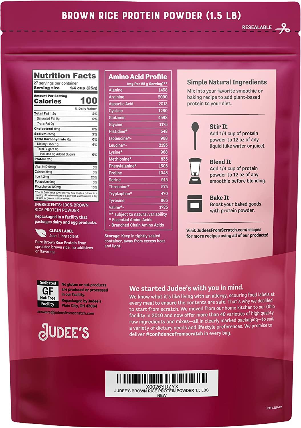 Judee's Brown Rice Protein Powder (1.5 lb) - Non-GMO, Sprouted, Dairy ...