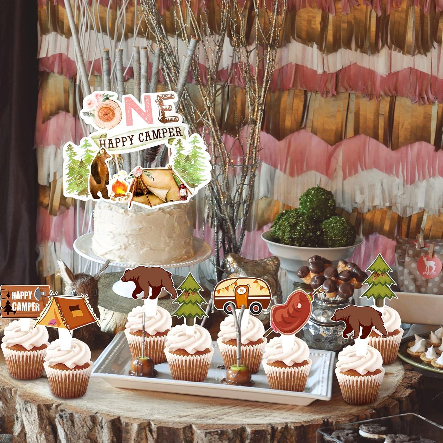 LaVenty 25 PCS One Happy Camper Cake Topper Camping Party Cupcake ...