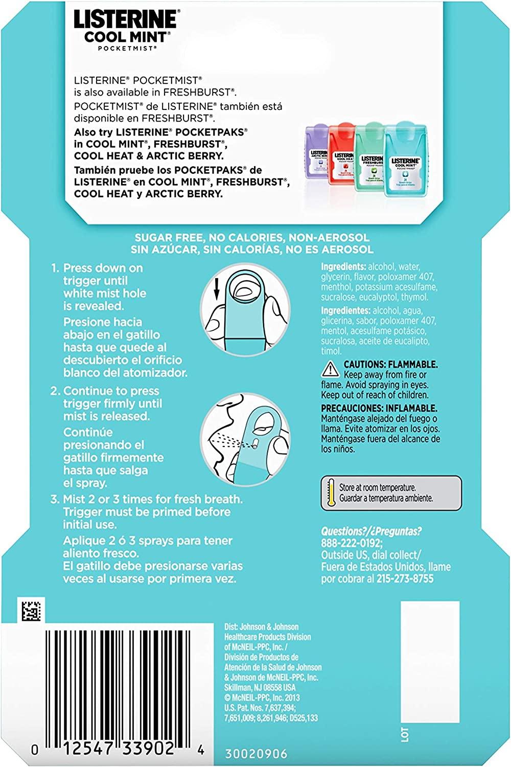 Listerine Pocketmist Cool Mint Oral Care Mist for Instant Fresh Breath ...