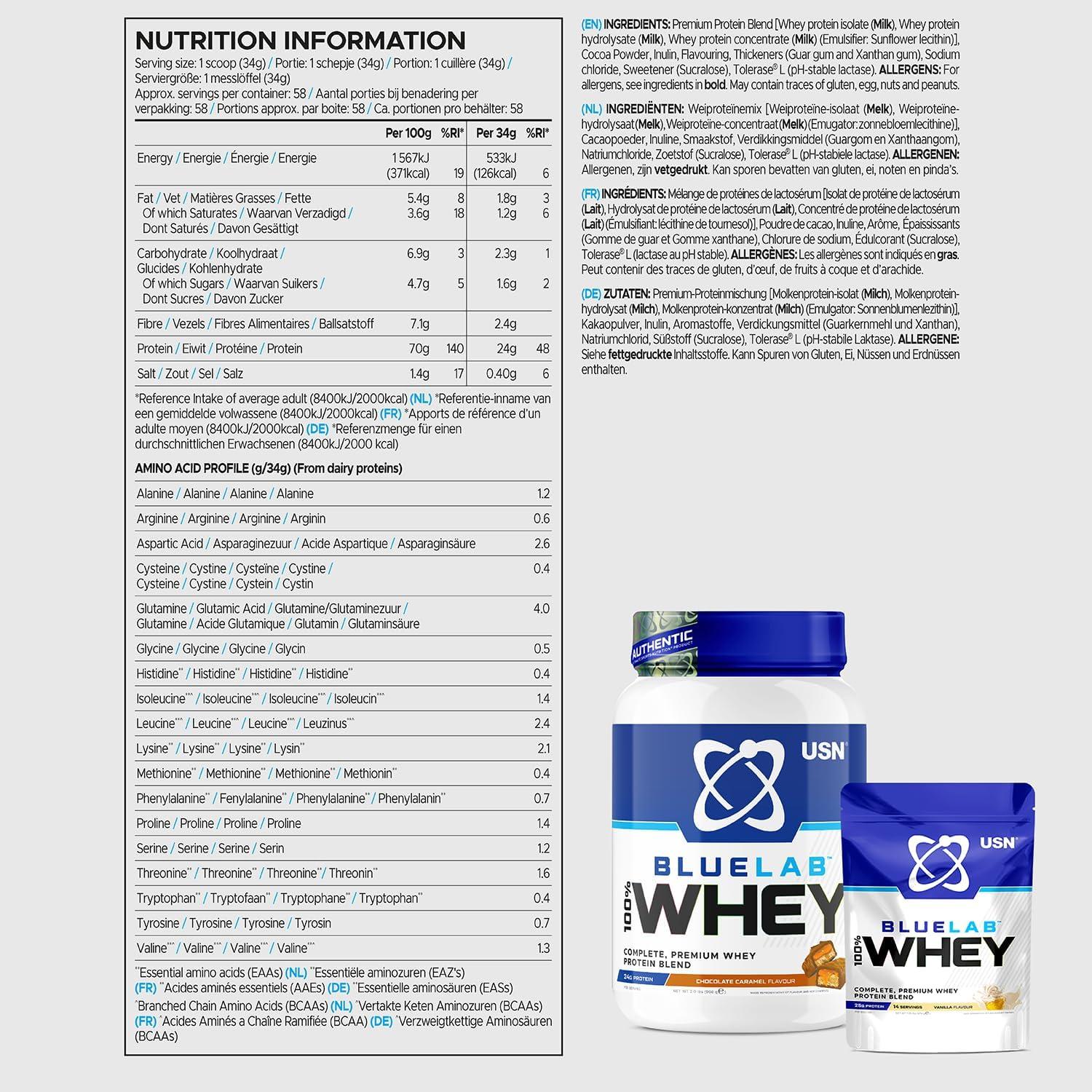 USN Blue Lab Chocolate Caramel Whey Protein Powder 2kg - Post-Workout ...