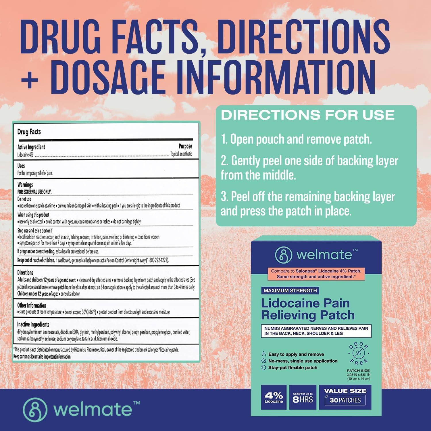 Welmate 4% Lidocaine Numbing Patch | Maximum Strength for Aches, Pains, Muscle Soreness & Joint ...