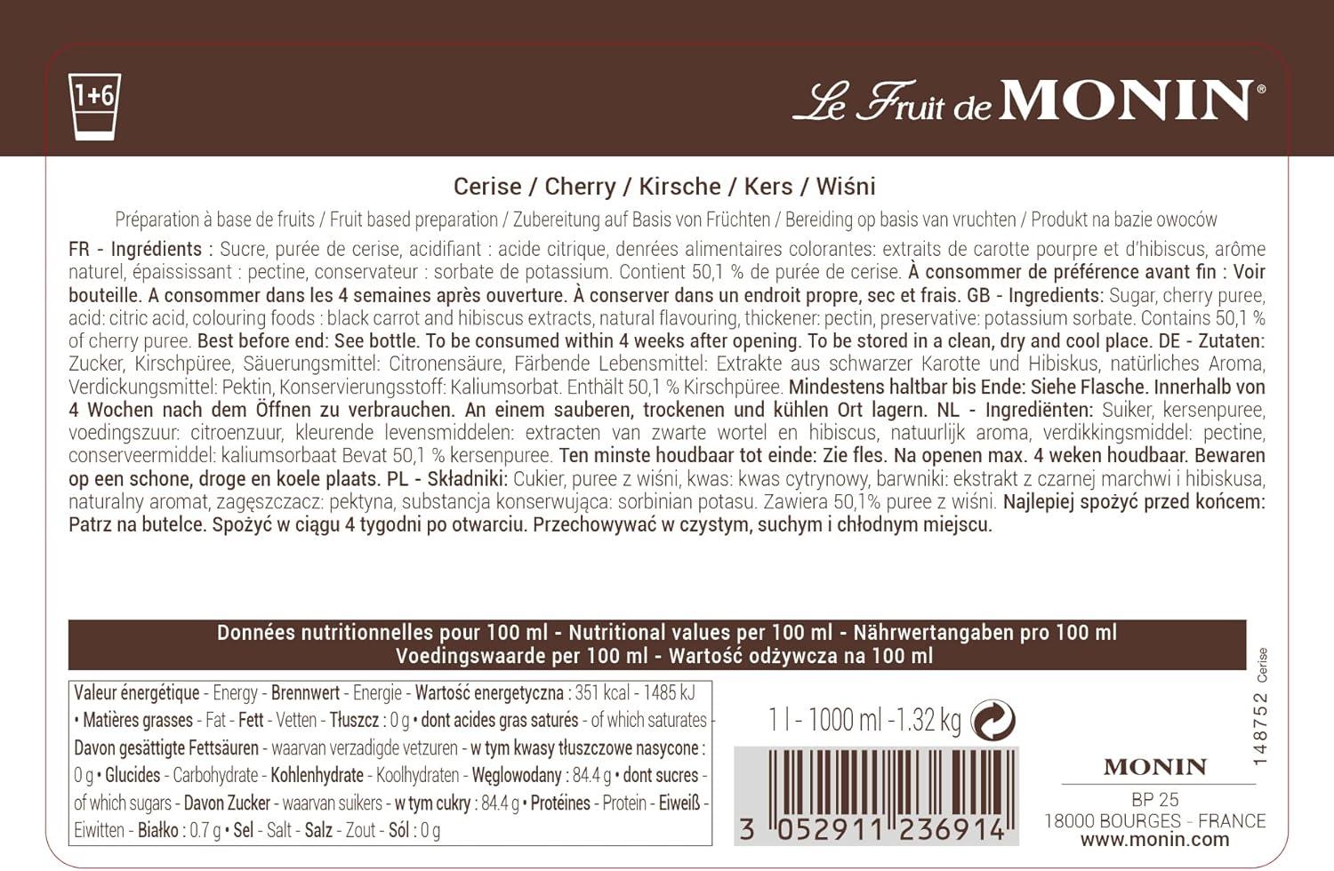 MONIN Cherry Fruit Mix Puree 1L for Cocktails, Smoothies & Mocktails ...