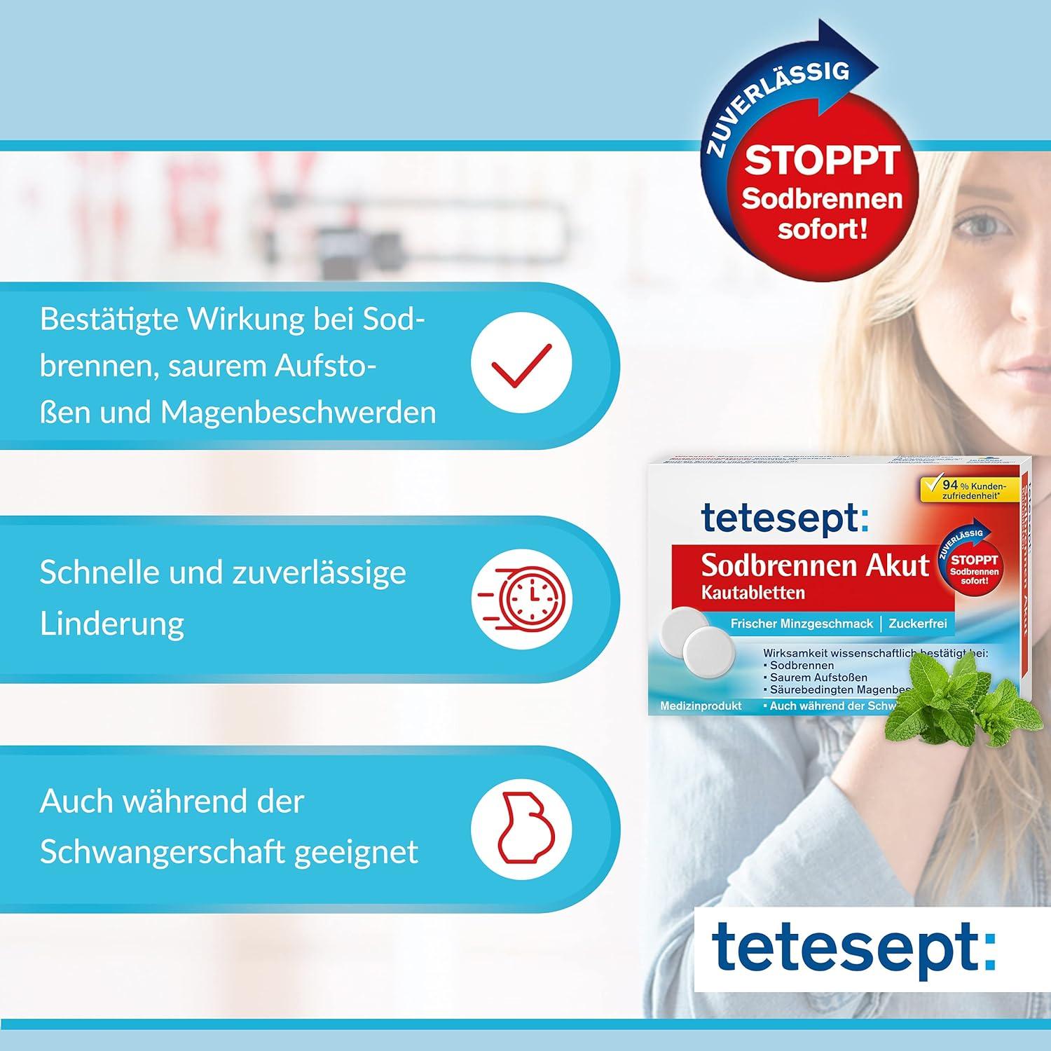 Tetesept Heartburn Acute Chewing Tablets - Sugar-Free Fast-Acting Mint ...