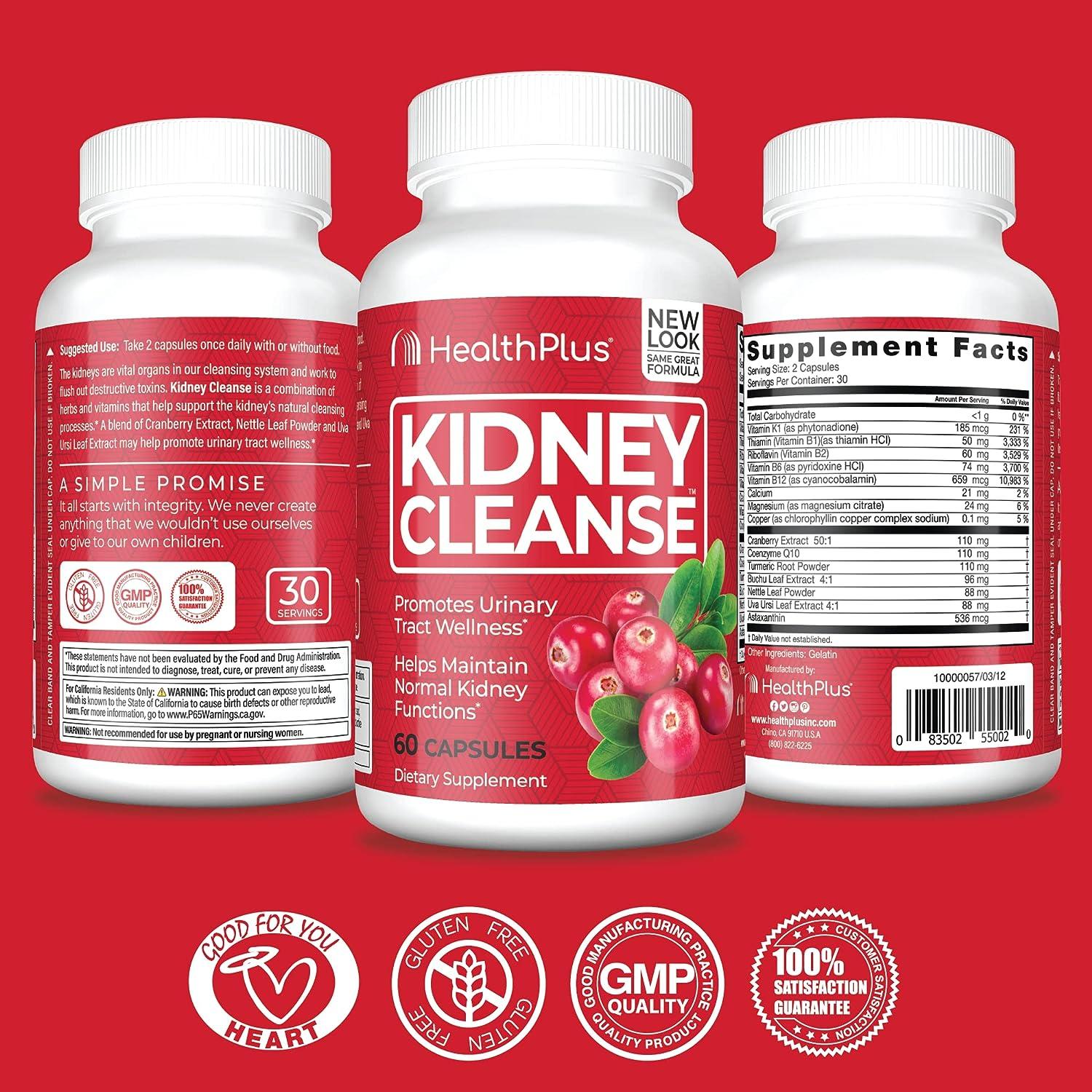Health Plus Kidney Cleanse Capsules - 60 Count (30 Servings) - Pack of ...