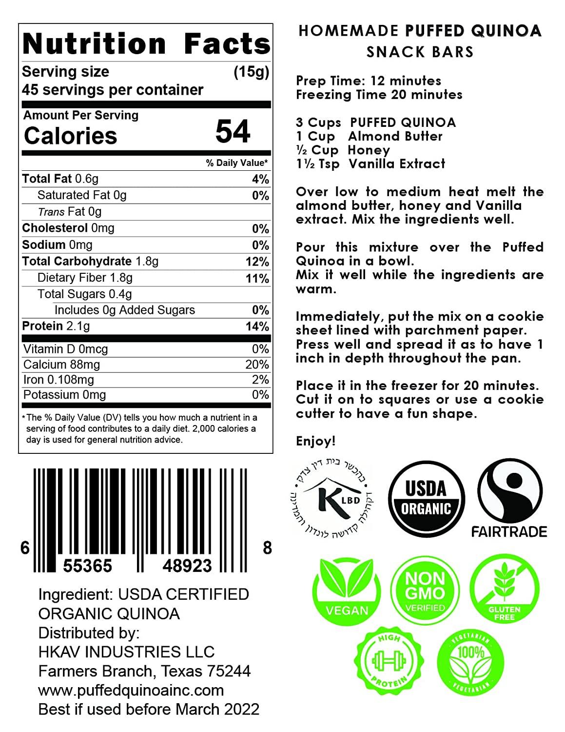 Puffed Quinoa 1.5 lb - Organic & Kosher Certified, High Protein, Vegan ...