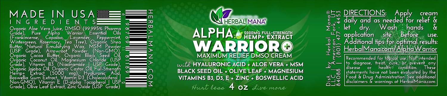 Alpha Warrior Hemp & DMSO Cream 5000mg - MSM Hyaluronic Acid Gel with ...