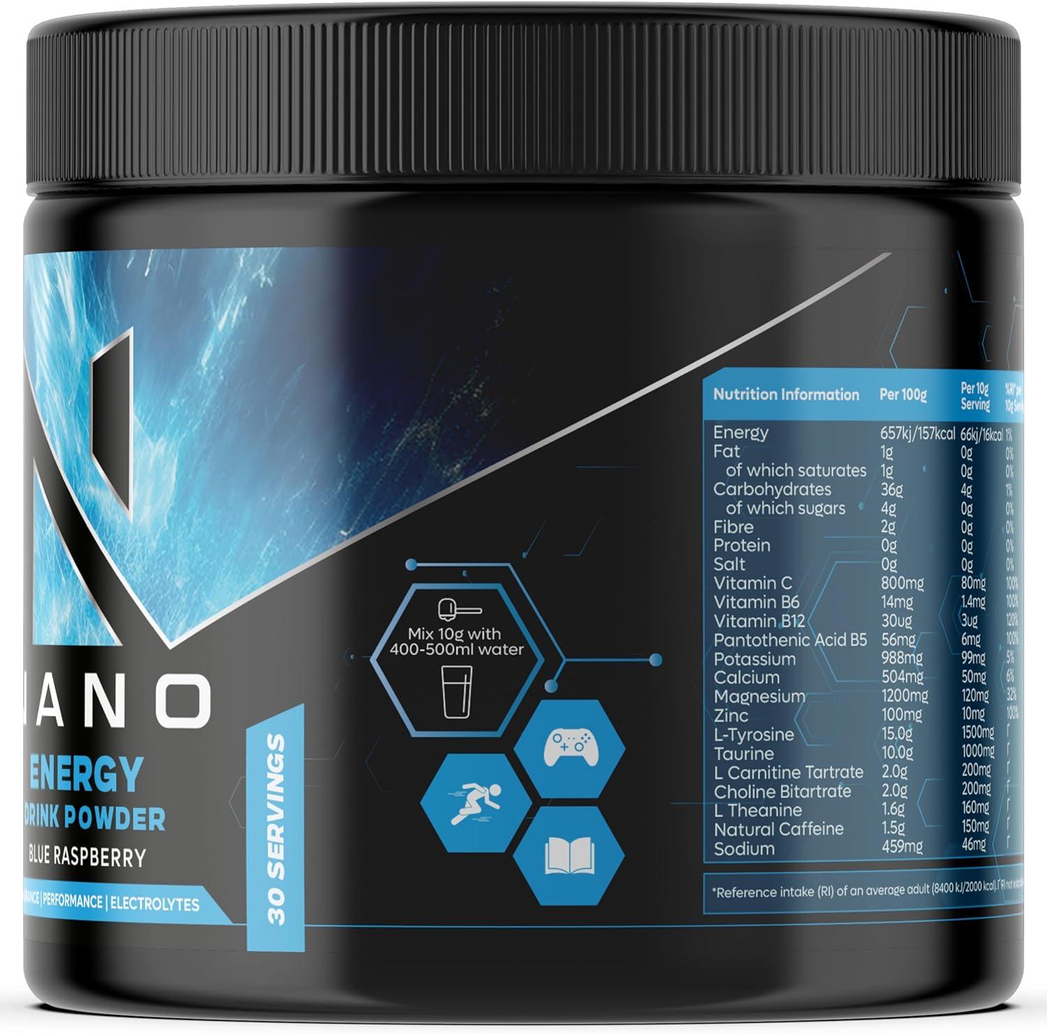 Nano Gaming Energy Drink Powder Blue Raspberry 300g Zero Sugar Focus ...
