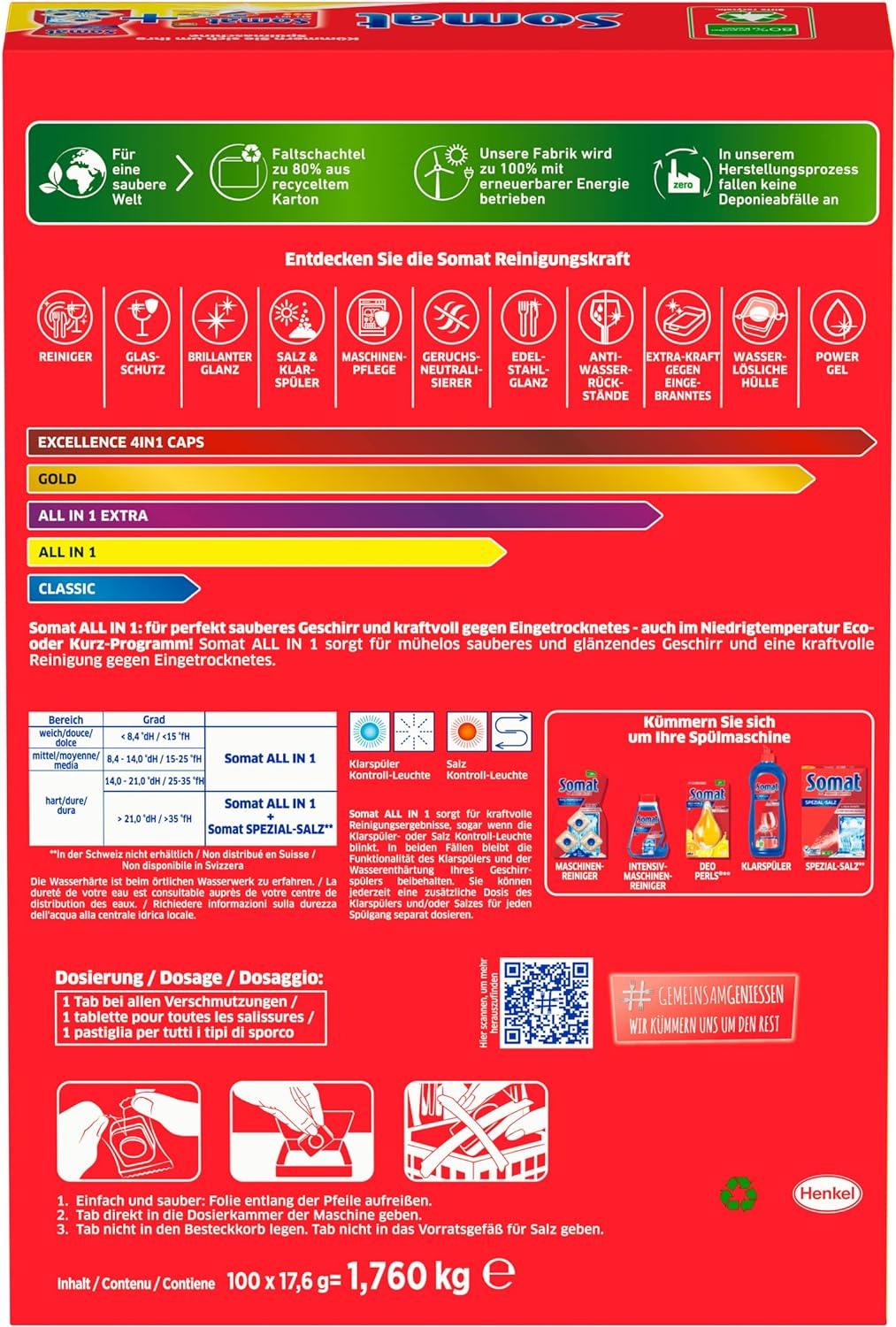 Somat All in 1 Dishwasher Tabs - 2x100 Count | Powerful Cleaning at Low ...