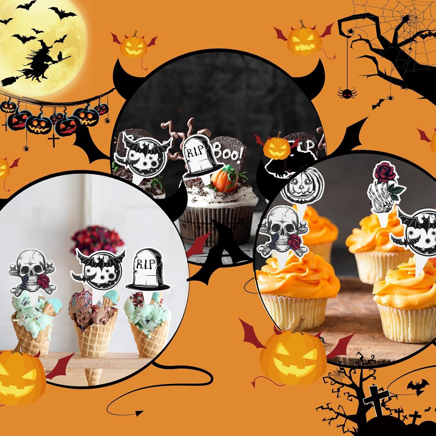 LEBERY 24Pcs Halloween Cupcake Toppers Halloween Cake Picks Tombstones ...