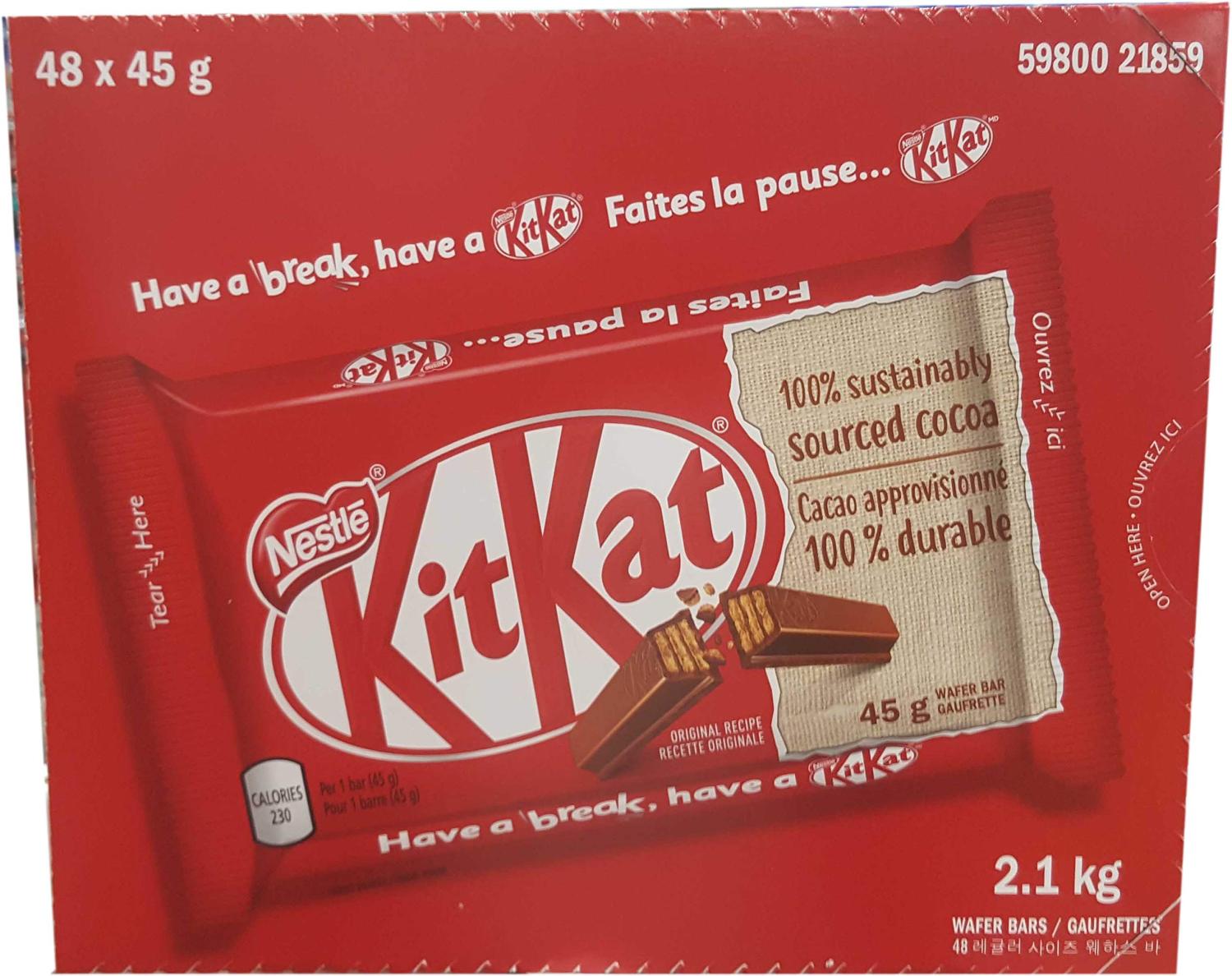 Nestle Kit Kat Chocolate 48 X 45 Gram Net Wt (2160 Gram) 2160 Grams ...