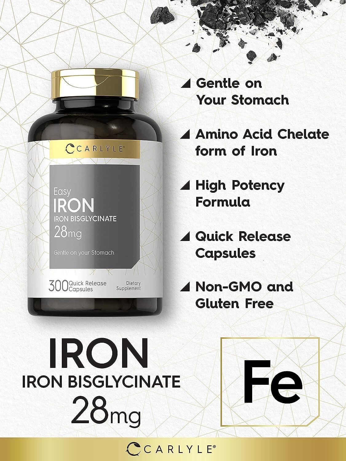 Carlyle Easy Iron 28mg 300 Capsules | Non-GMO, Gluten Free Gentle ...