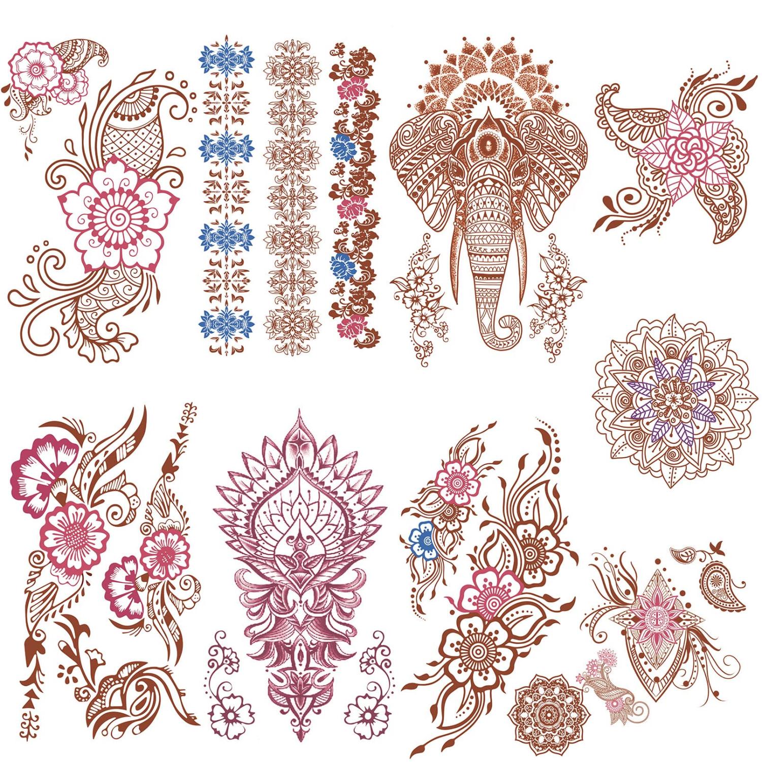 Aresvns Henna Tattoo, 9 Sheets Henna Stickers, Waterproof Brown Henna ...