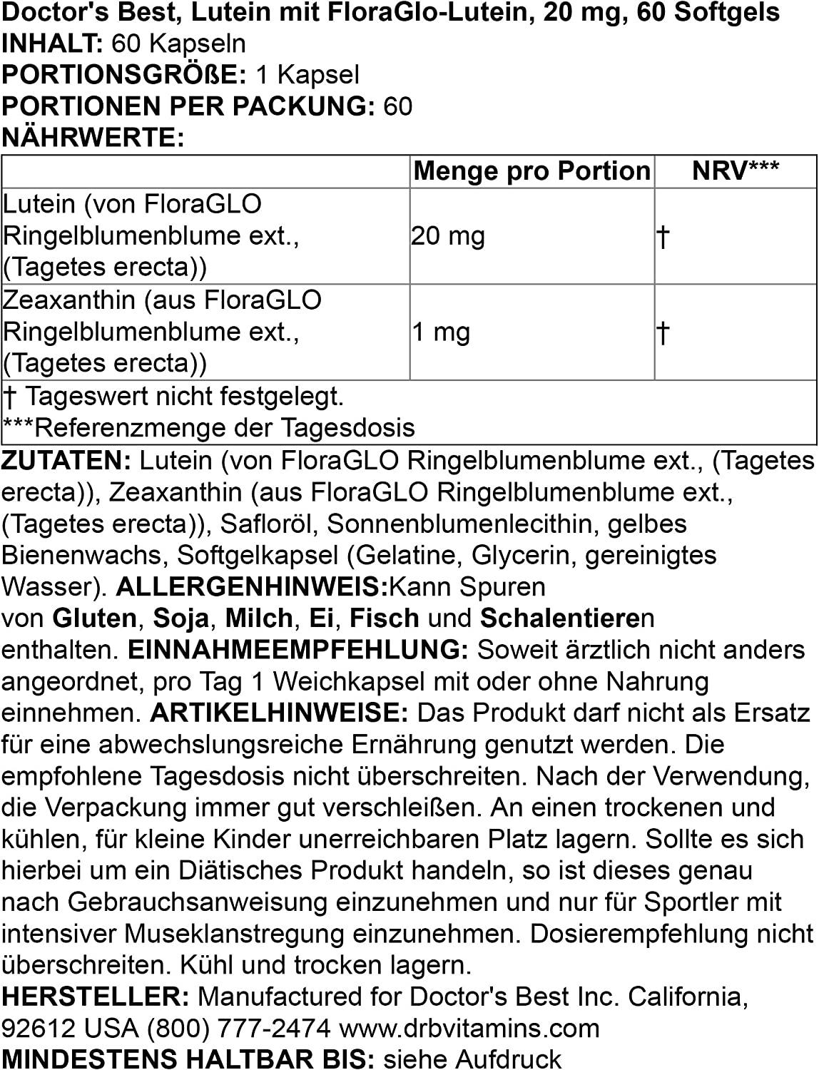 Buy Doctor's Best Lutein 20 mg with FloraGlo - 60 Softgels for Eye ...