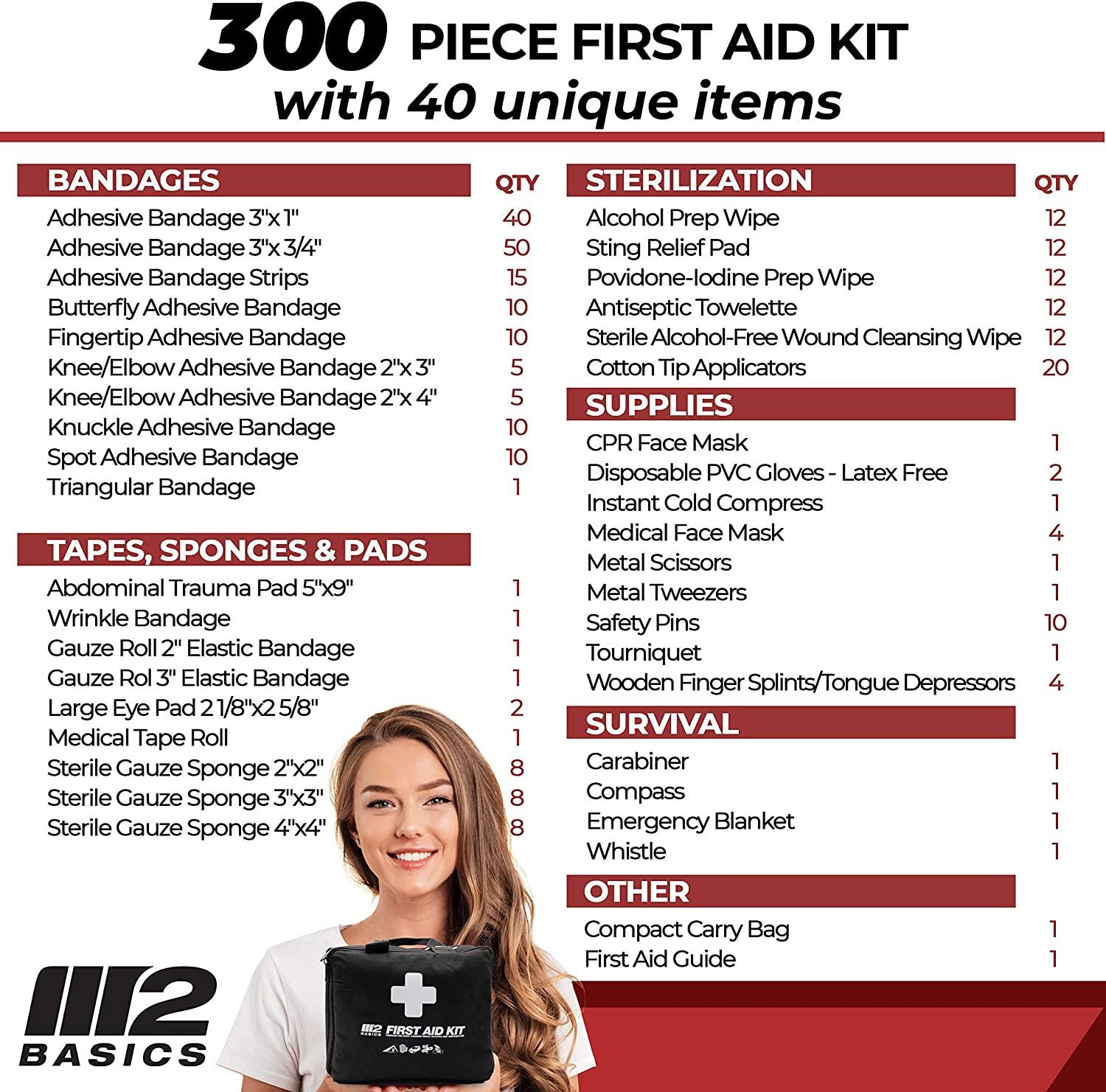 M2 BASICS 300 Piece First Aid Kit | Premium Emergency Supplies for Home, Camping, Car, Office ...