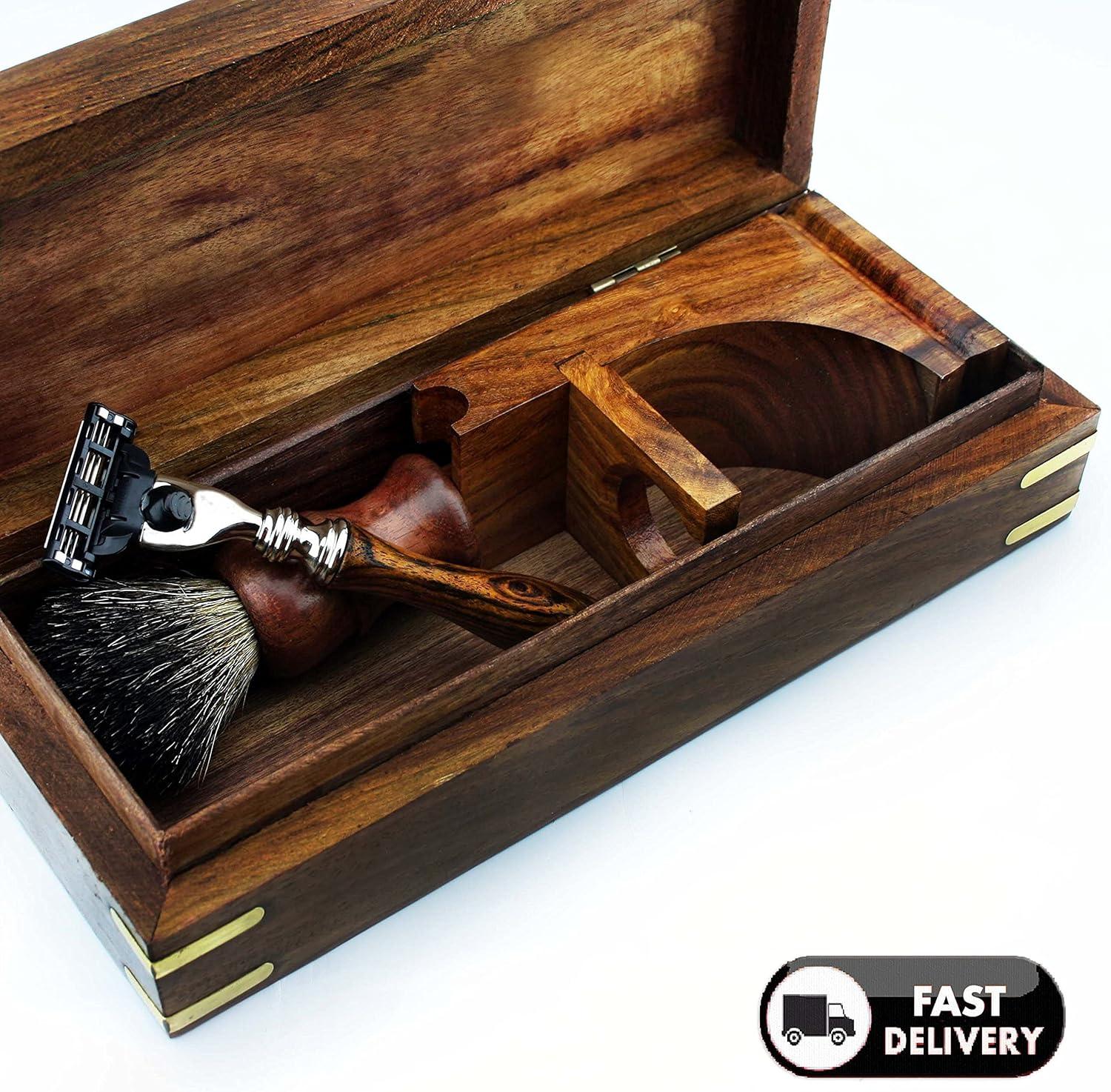 Premium Wooden Shaving Set for Men | Luxury Triple Edge Razor & Black ...
