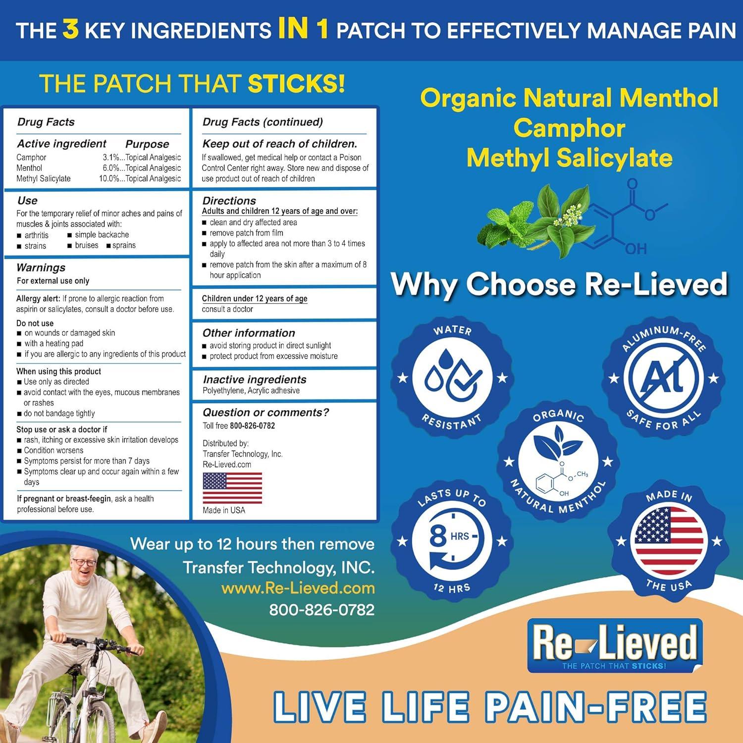 Re-lieved 3-in-1 Pain Relief Patches - Organic Natural Ingredients - 60 ...