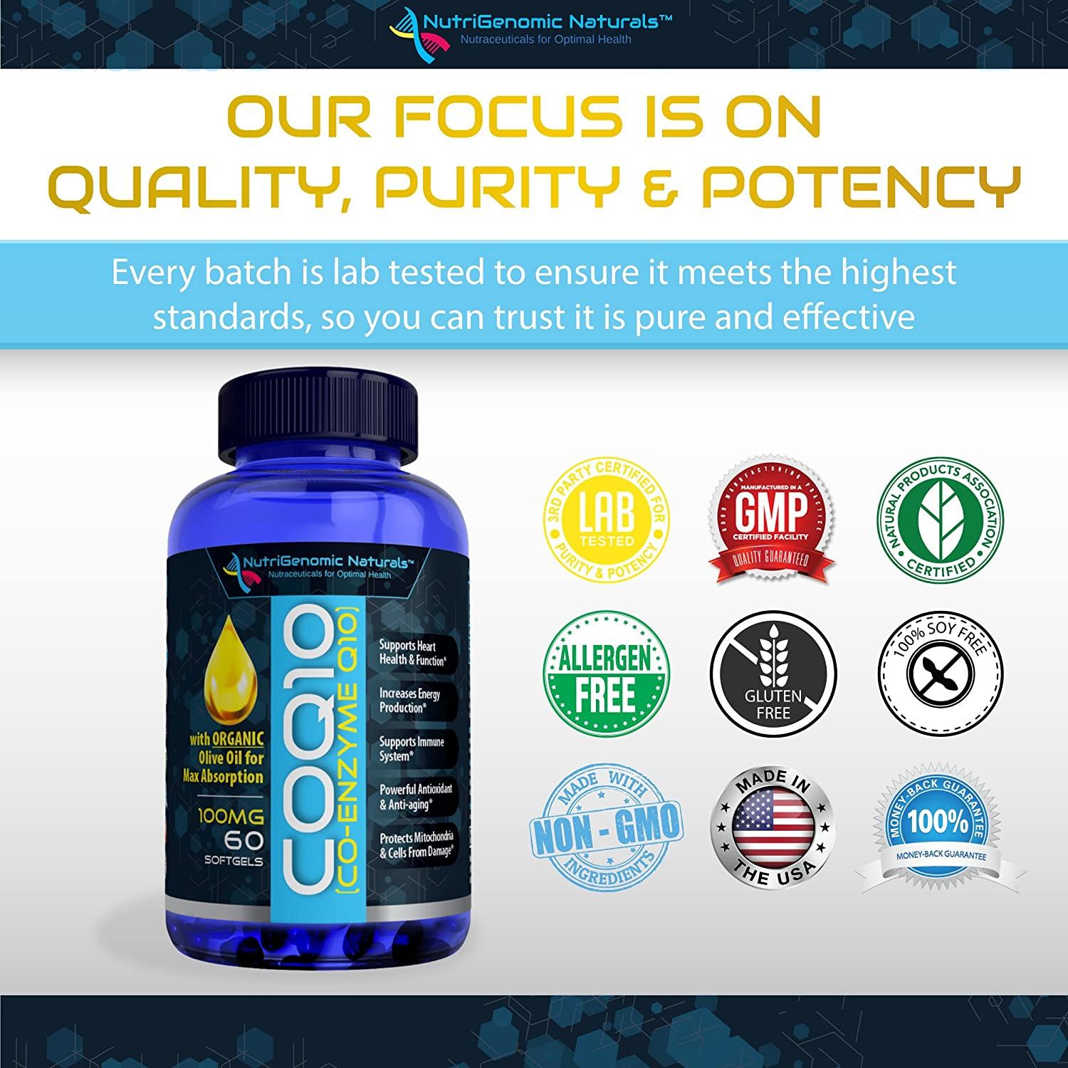 CoQ10 100mg Softgels with Organic Olive Oil - Heart Health & Energy ...