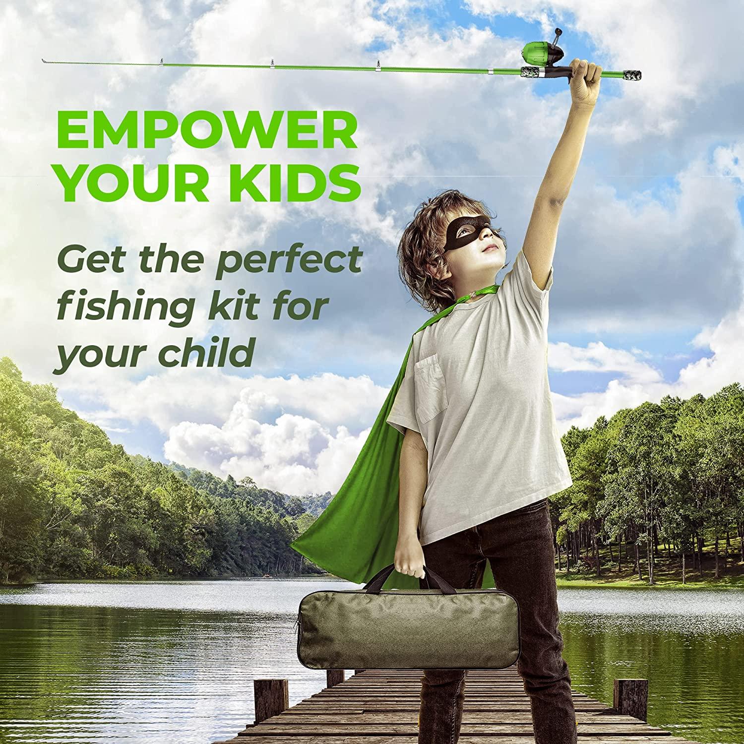 Lanaak Kids Fishing Pole and Tackle Box Set with Net, Travel Bag, Reel ...