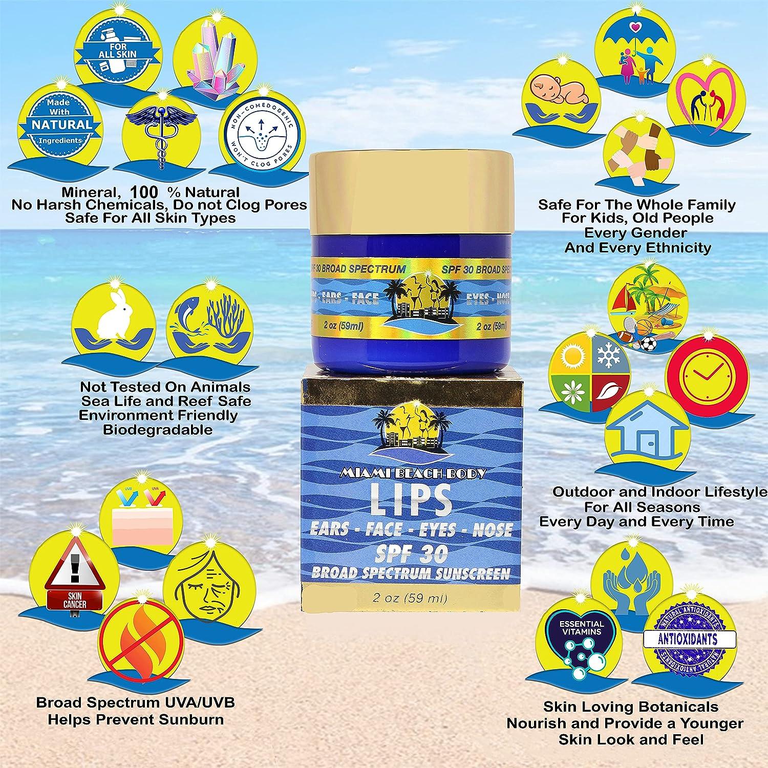 Miami Beach Body SPF 30 Mineral Sunscreen Balm for Lips, Ears, Face ...