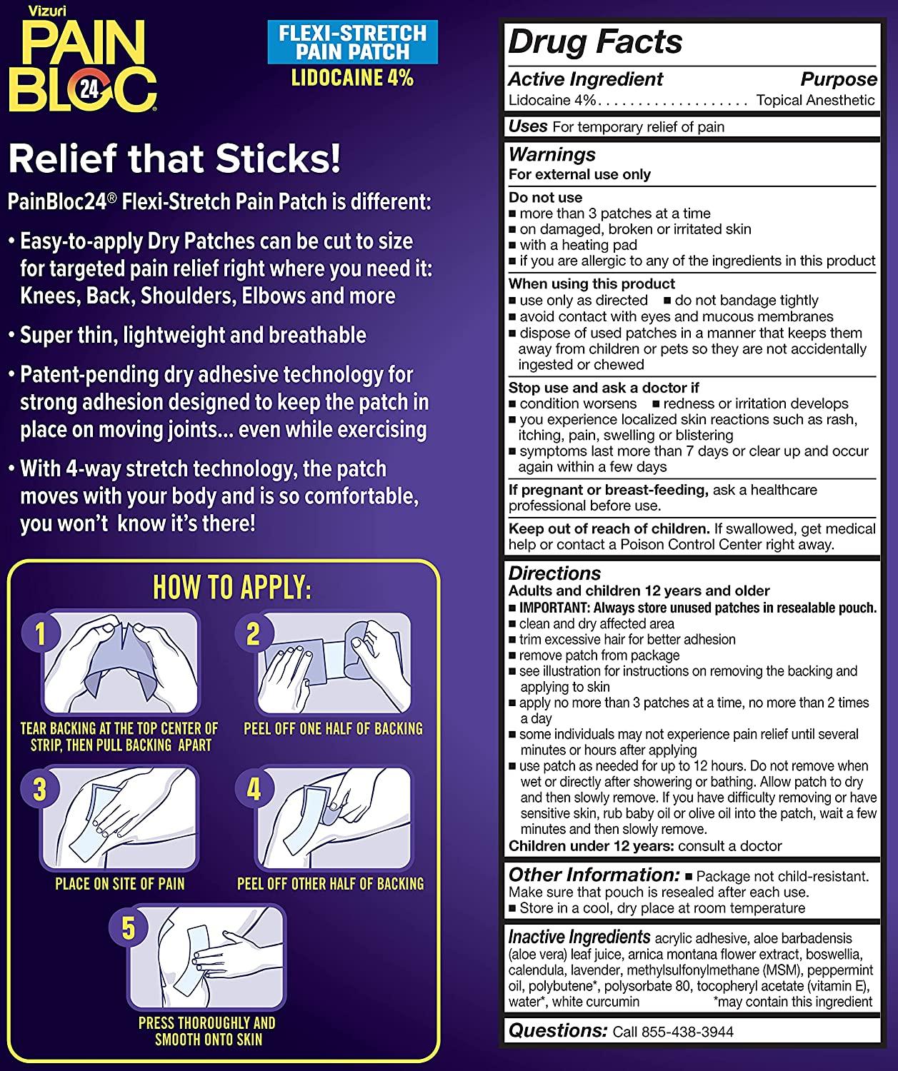 PainBloc24 Flexi-Stretch Adhesive Pain Patch - Lidocaine 4% - 10 Single ...