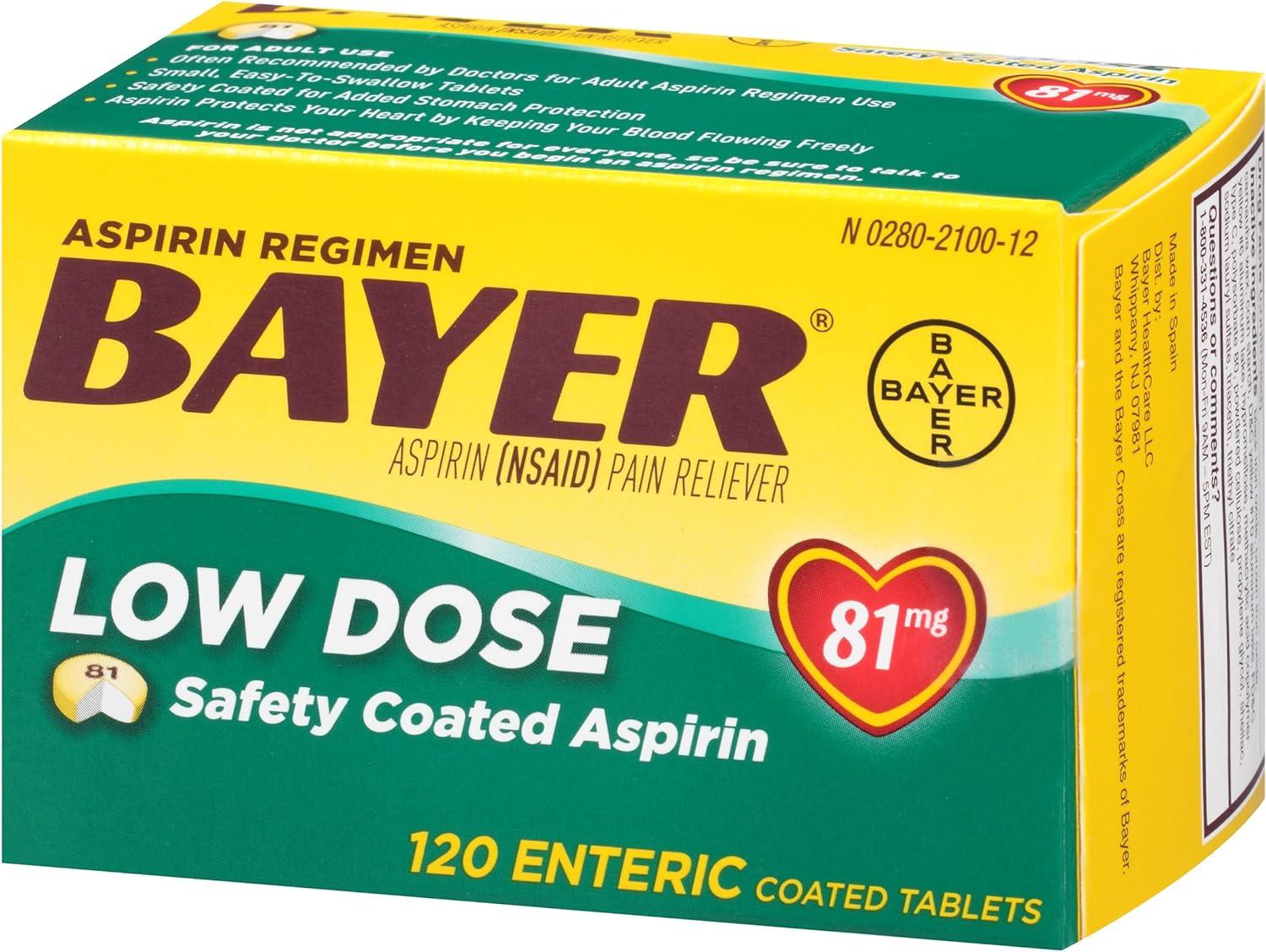 Bayer Low Dose 81mg Aspirin 120 Enteric Coated Tablets - Heart Health ...
