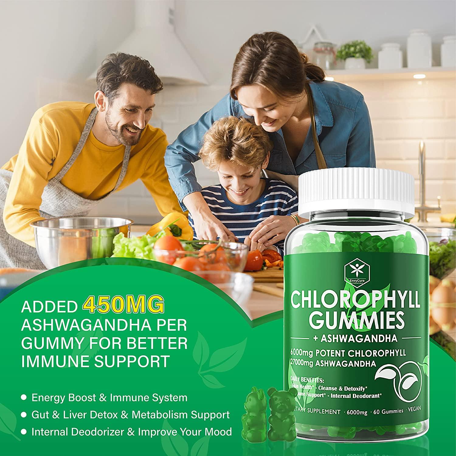 High Potency Chlorophyll Gummies 200mg with Ashwagandha & Vitamin D - Natural Energy + Immune ...