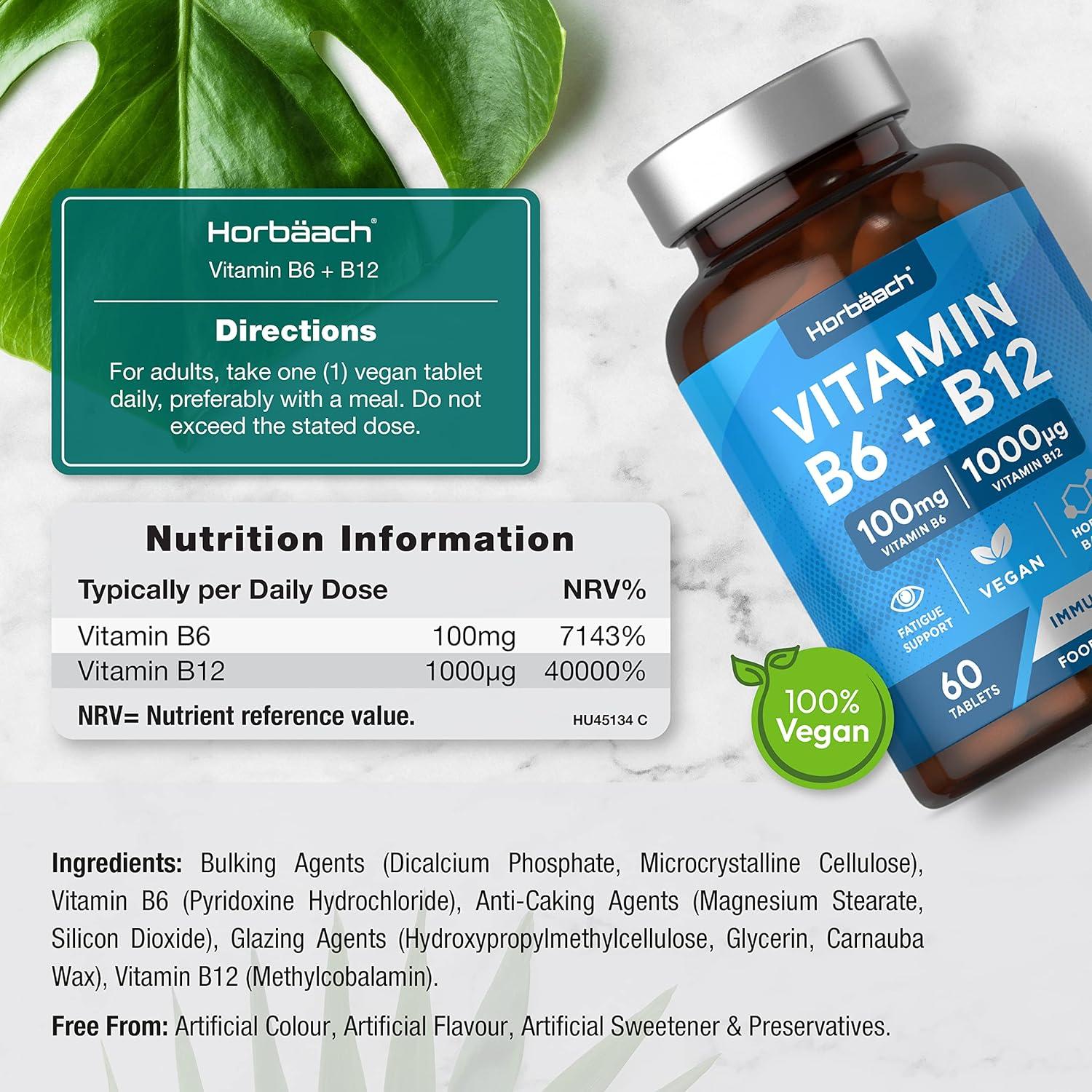 Vitamin B6 100mg & B12 1000mcg | 60 Vegan Tablets | High Strength B Complex for Hormone Balance ...