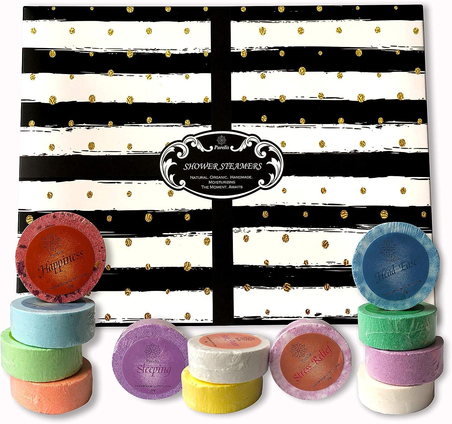 Purelis Shower Steamer Gift Box - Set of 12 Aromatherapy Bath Bombs ...